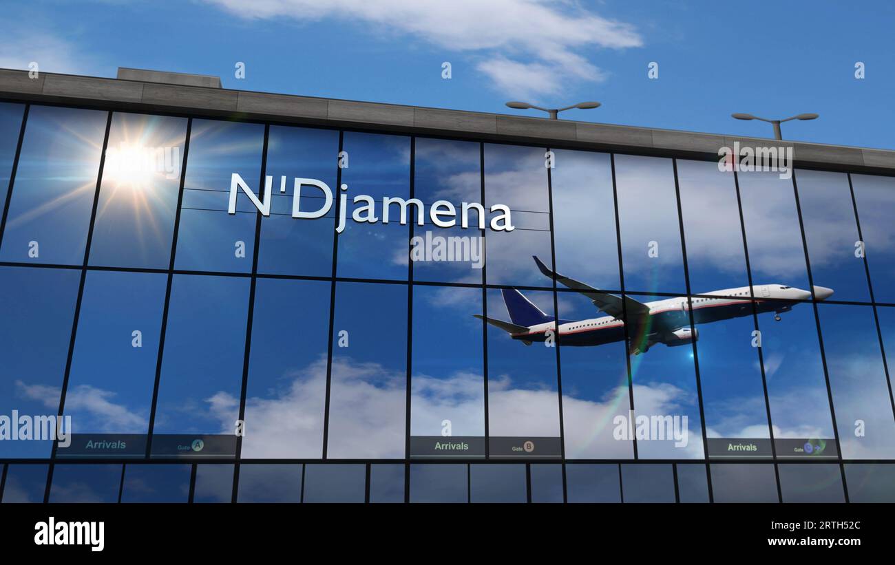 Aircraft landing at N'Djamena, Chad 3D rendering illustration. Arrival ...
