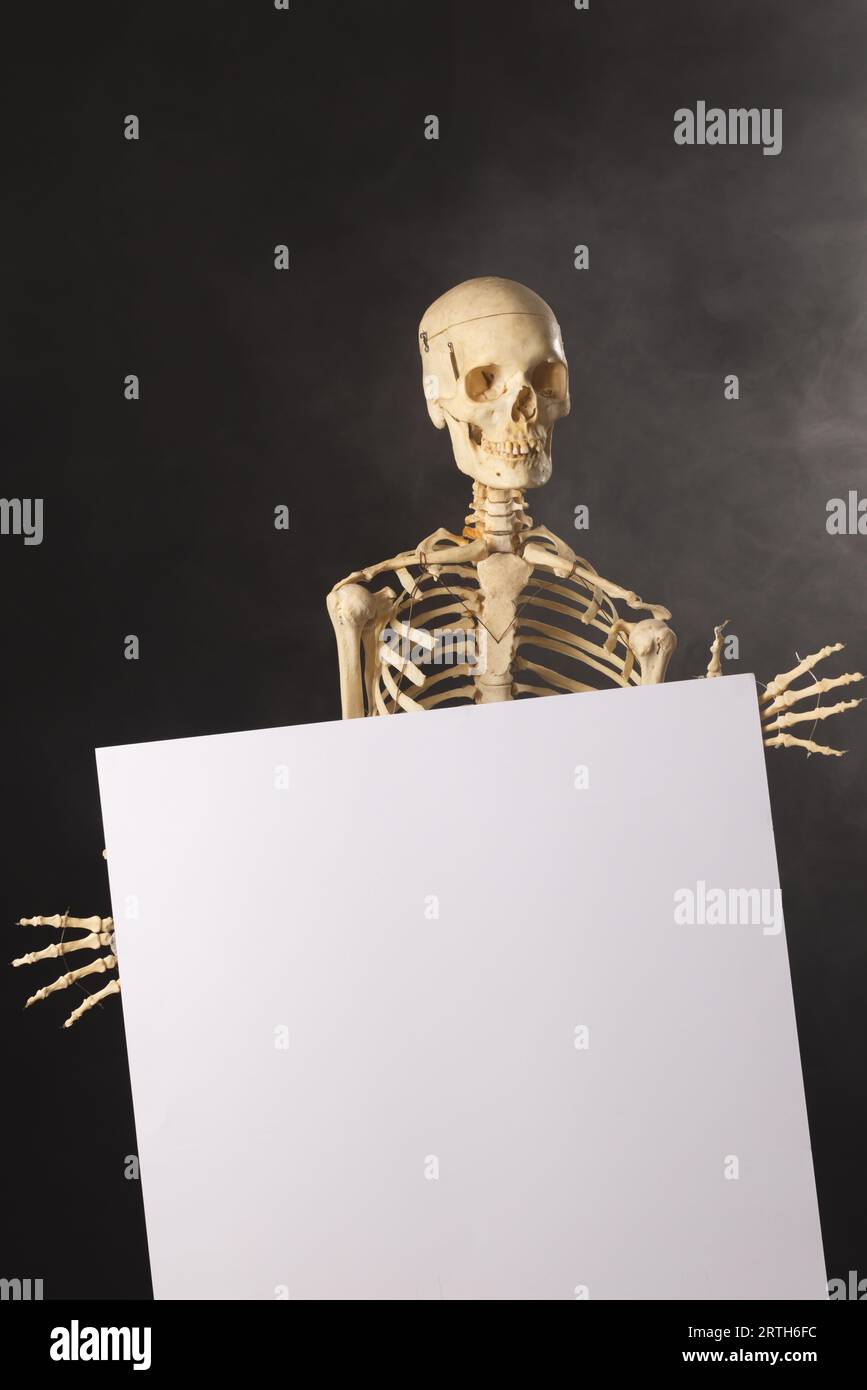 Vertical image of plastic skeleton holding paper sheet and smoke with ...