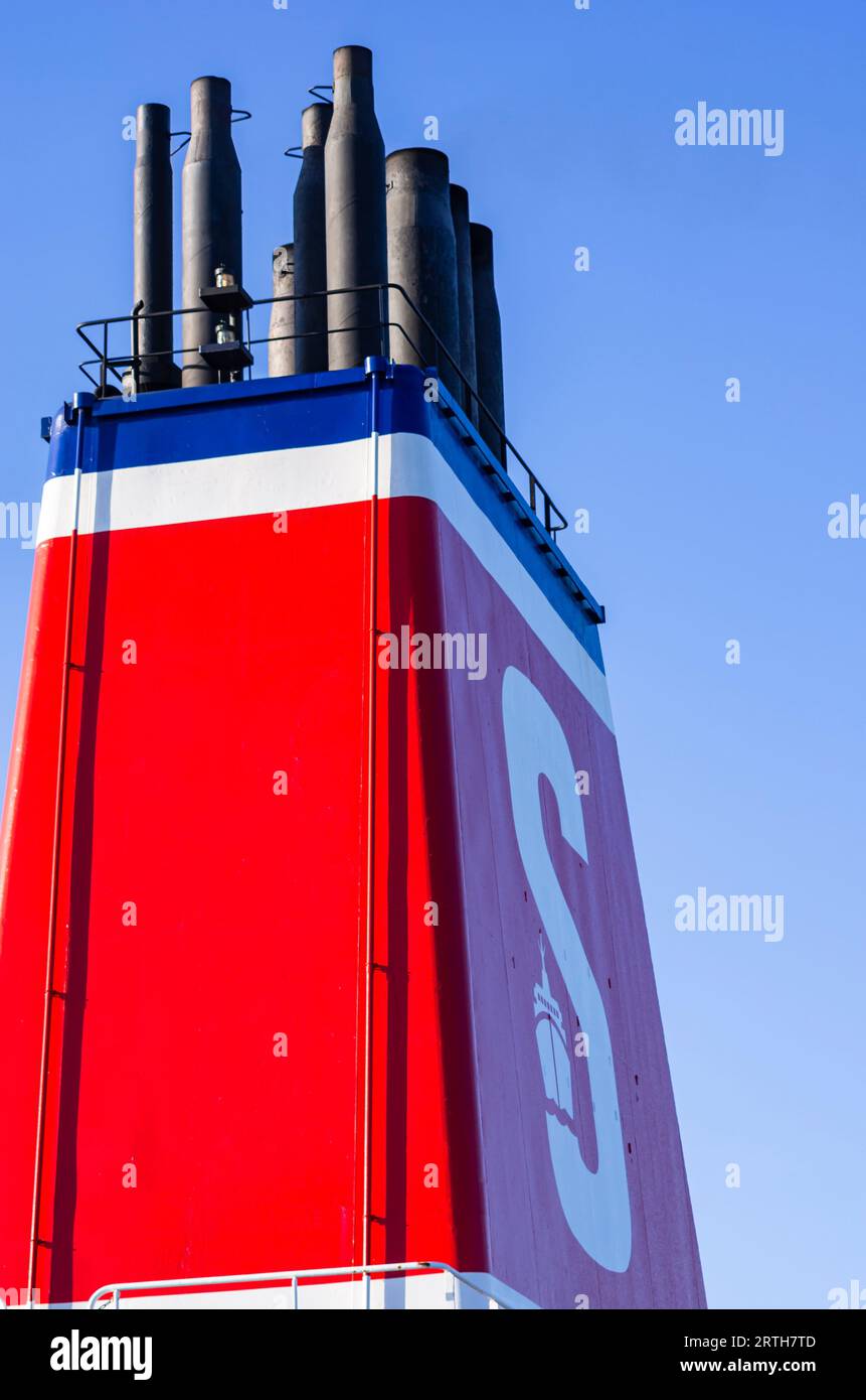Chimney of a ferry with the logo of the ferry company Stena Lines, for ...