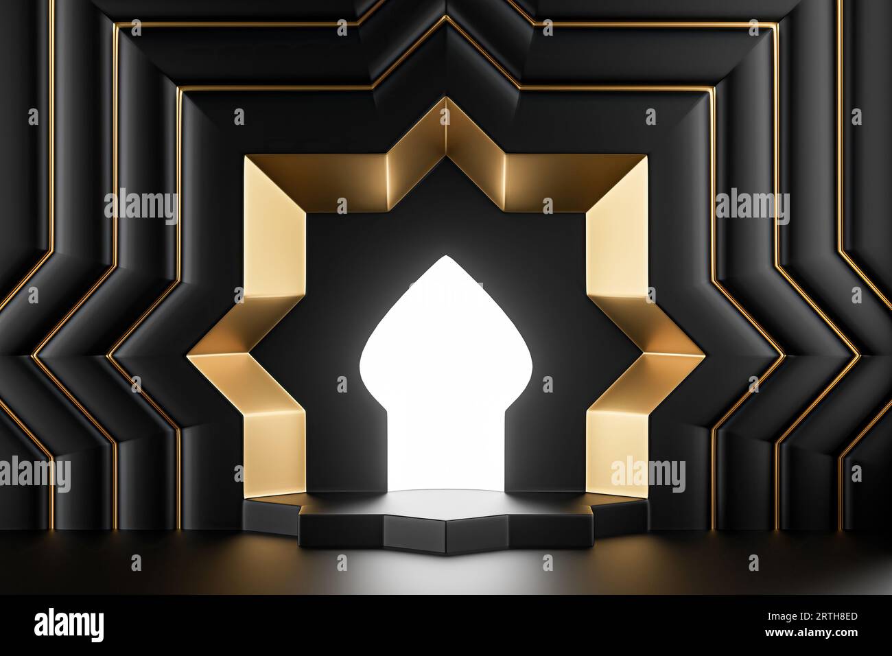 3d illustration of black and gold background with arch in islamic style ...