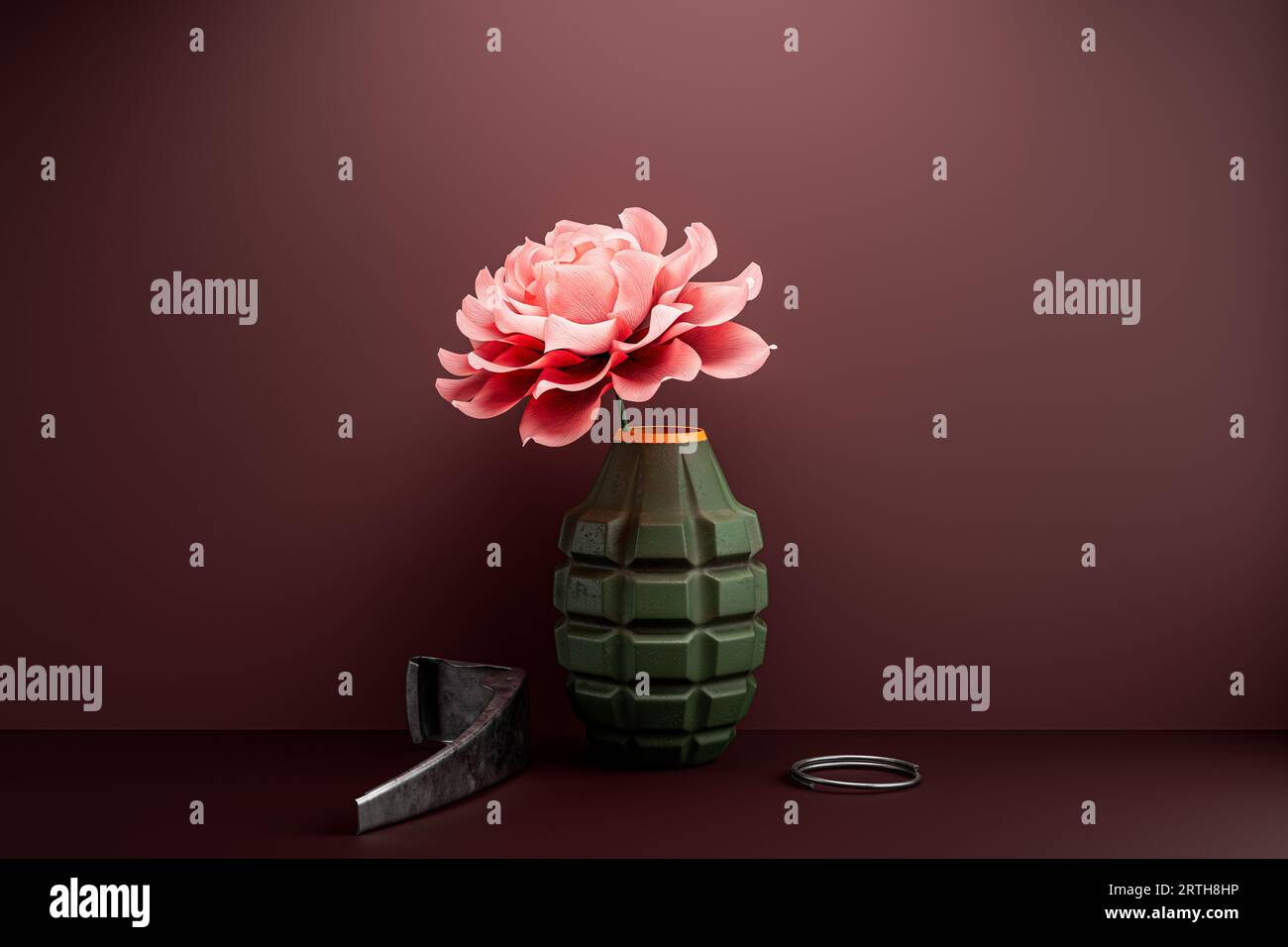 The flower in the disassembled hand grenade - anti-war concept. 3d ...