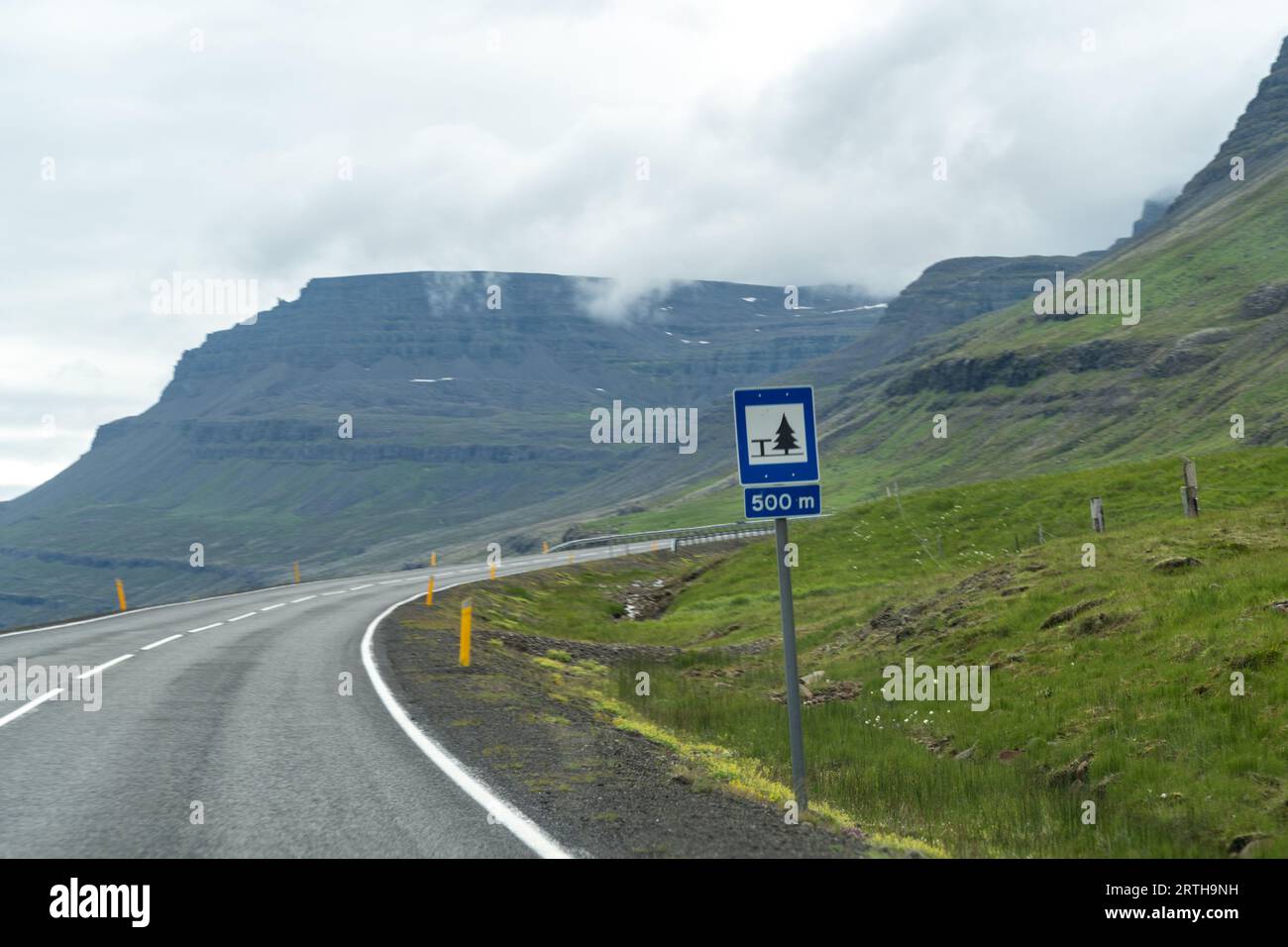 Typical road sign in Iceland, for an upcoming picnic area and rest stop ...