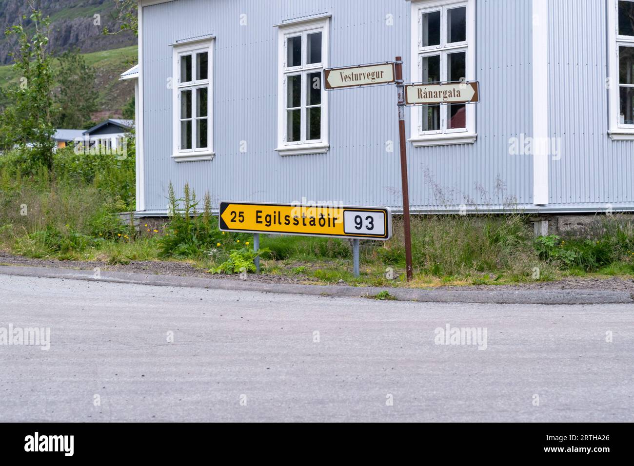 Icelandic sign giving directions to the village of Egilsstadir Iceland ...