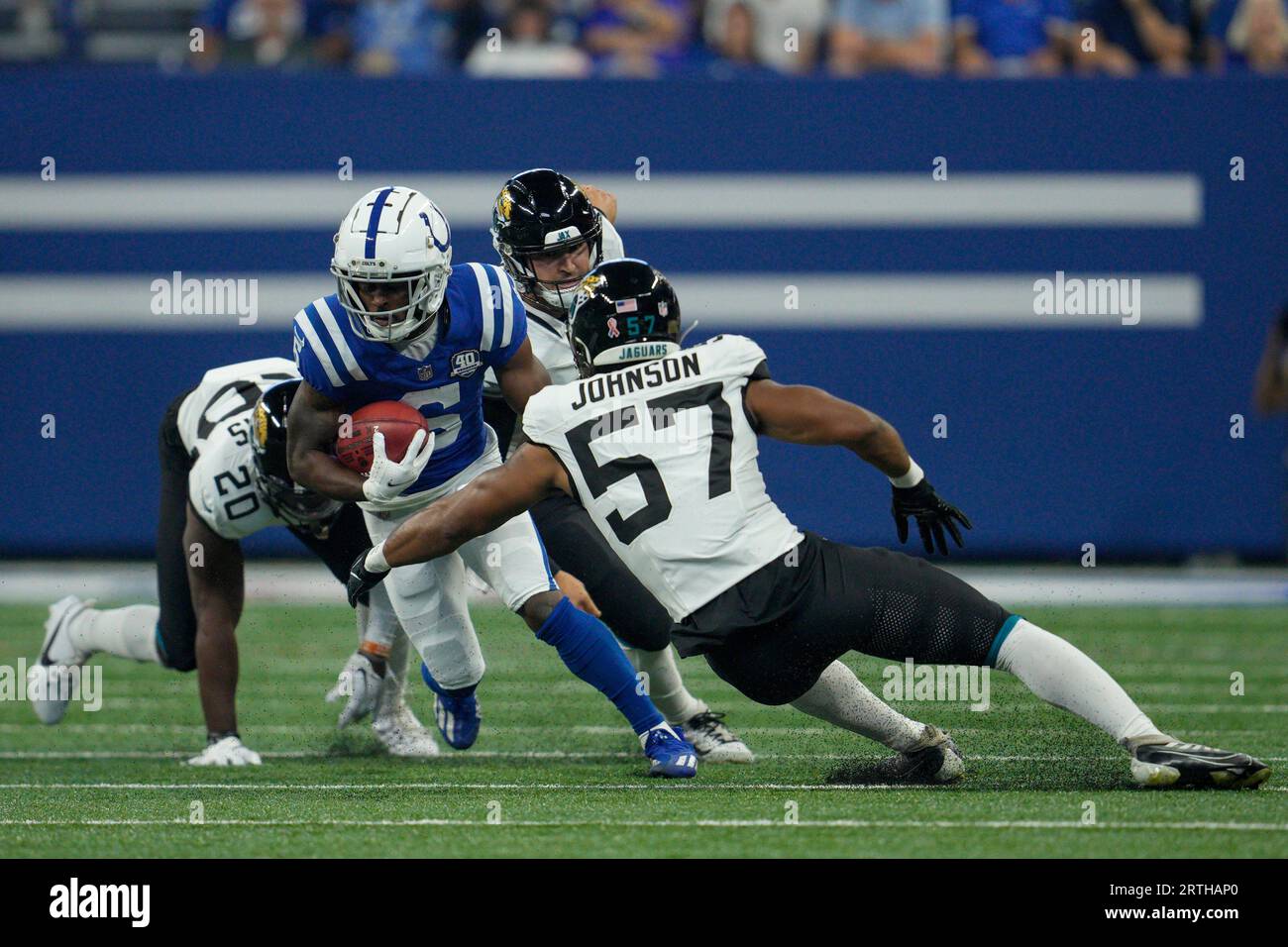 Indianapolis Colts wide receiver Isaiah McKenzie (6) is tackled by ...