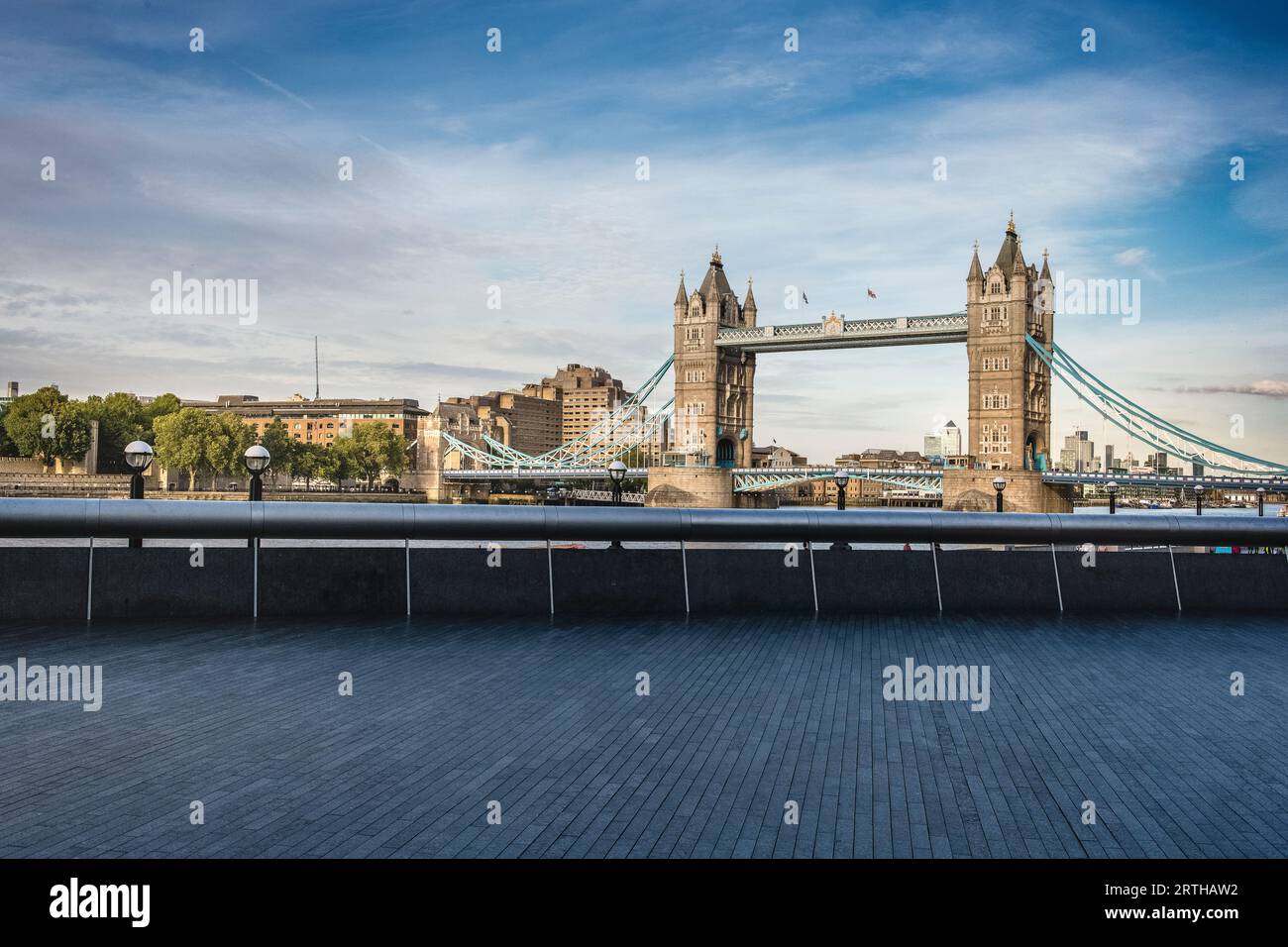 Tower Bridge London summer time, cityscape looking east, suspension ...