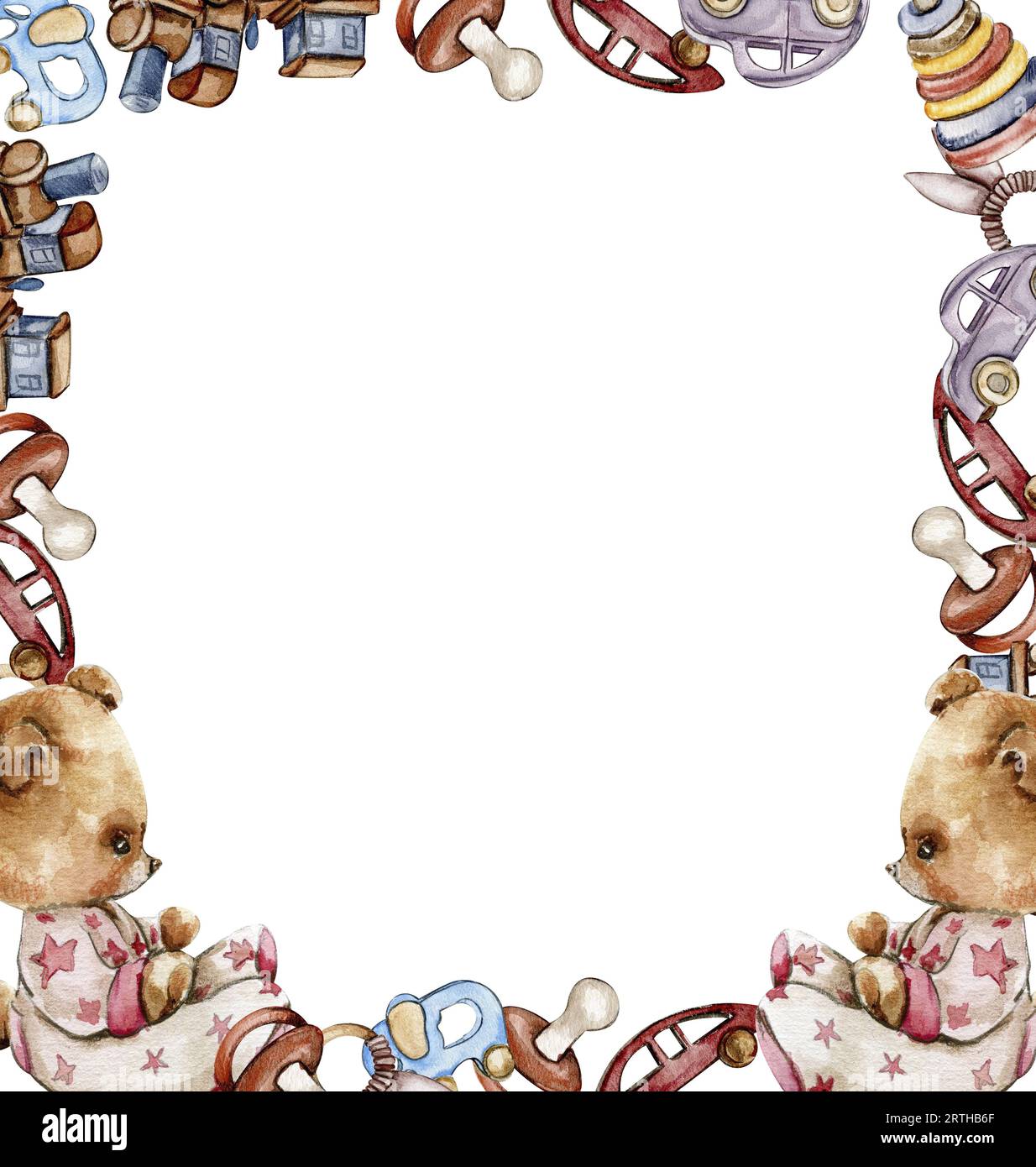 Toys frame, watercolor illustration for cards, backgrounds. Watercolor ...