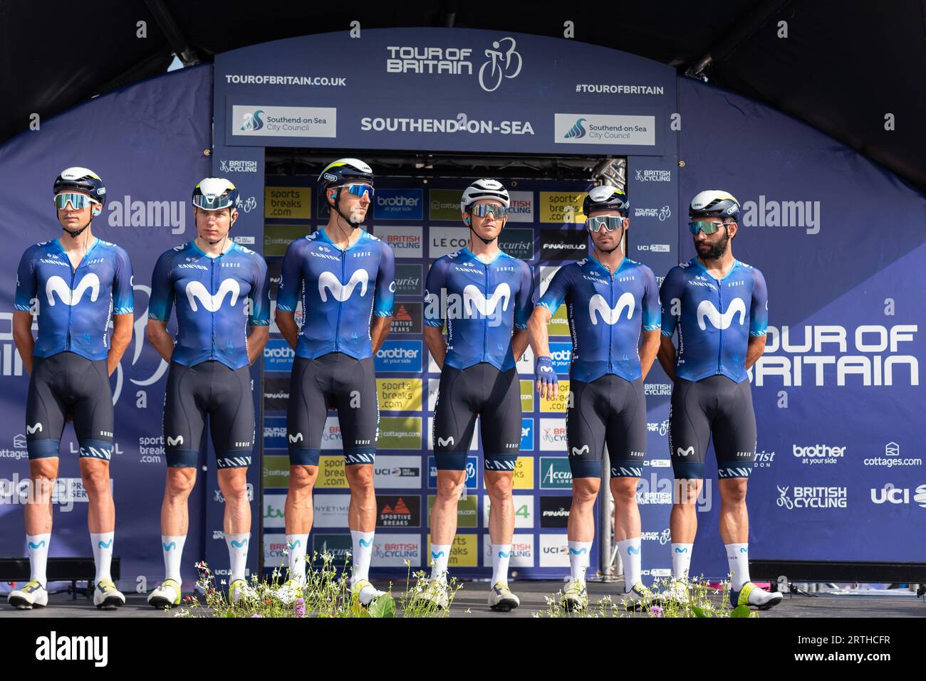 Riders of Movistar Team at the Tour of Britain cycle race Stage 6 start ...