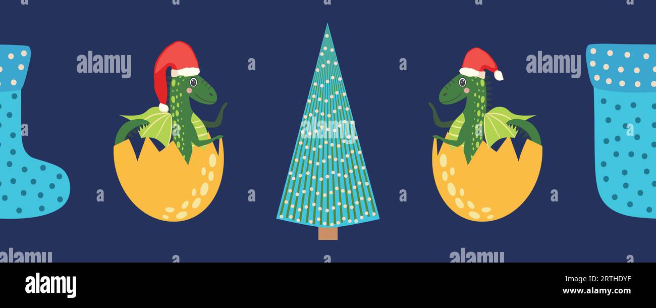 Seamless pattern with cute Christmas dragons, horizontal banner ...