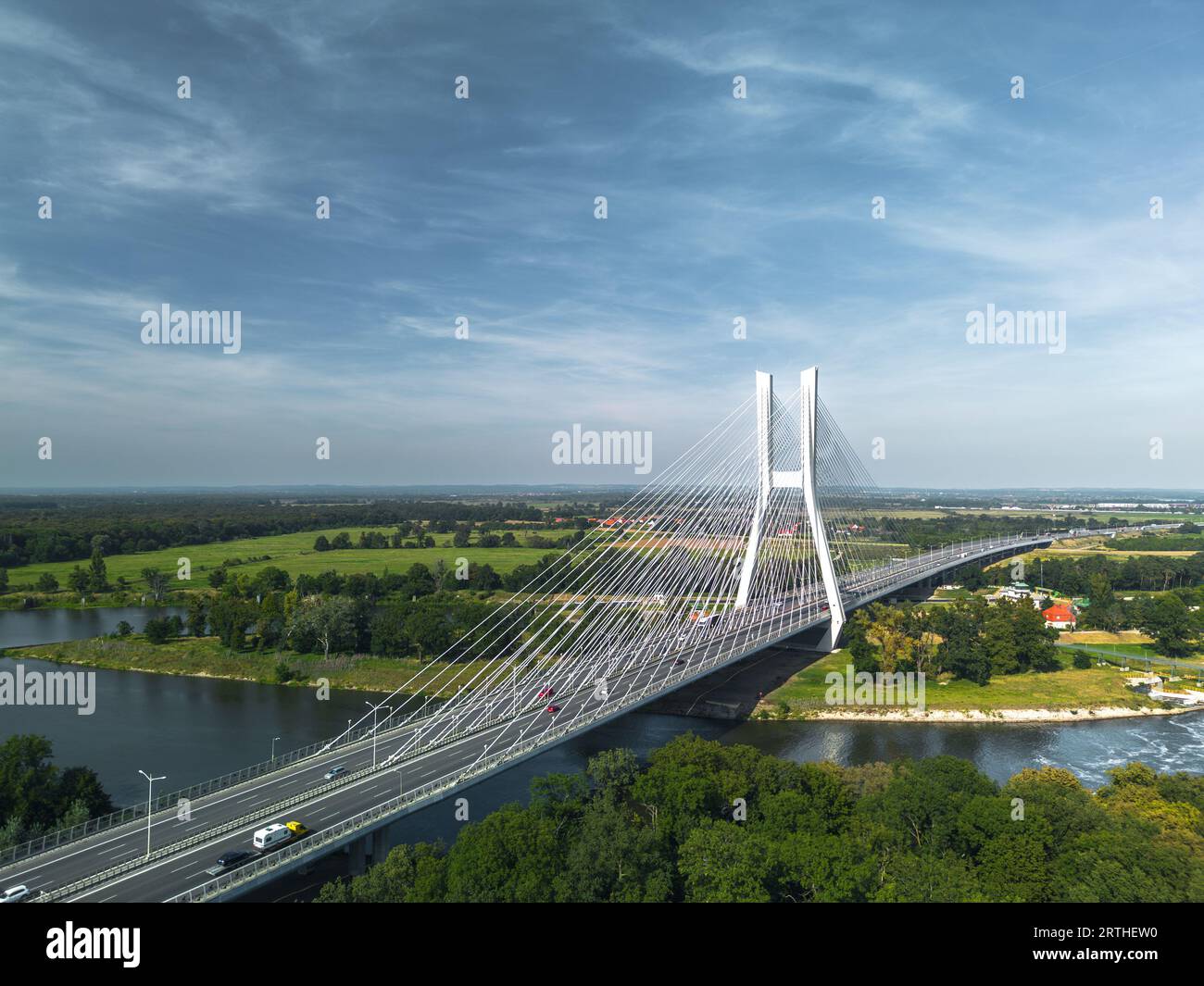 Aerial view of the cable-stayed Rędziński bridge (Most Rędziński) over ...
