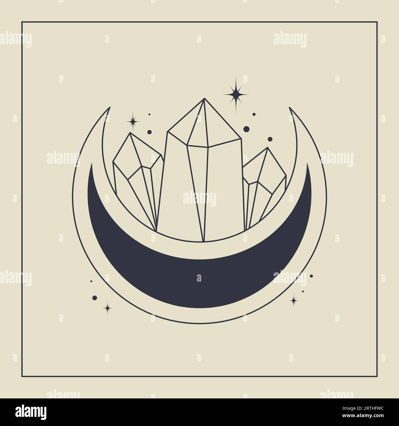 Line art crystal, magical healing concept with moon esoteric elements ...