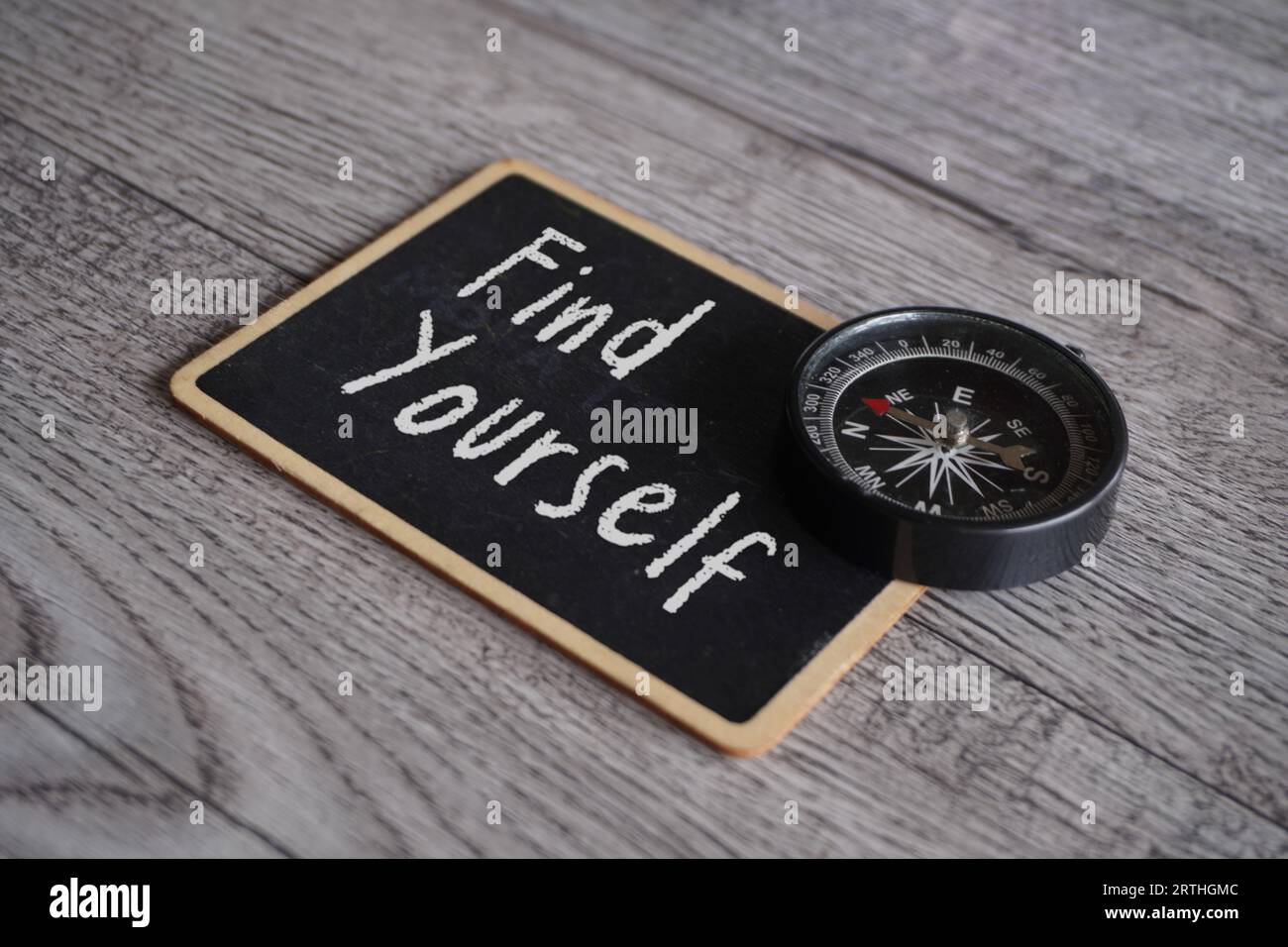 Closeup image of compass and chalkboard with text FIND YOURSELF on ...