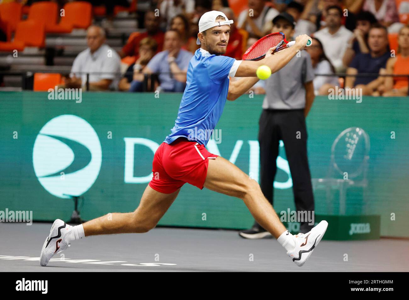 Czech tennis player Tomas Machac in action during the 2023 Davis Cup ...