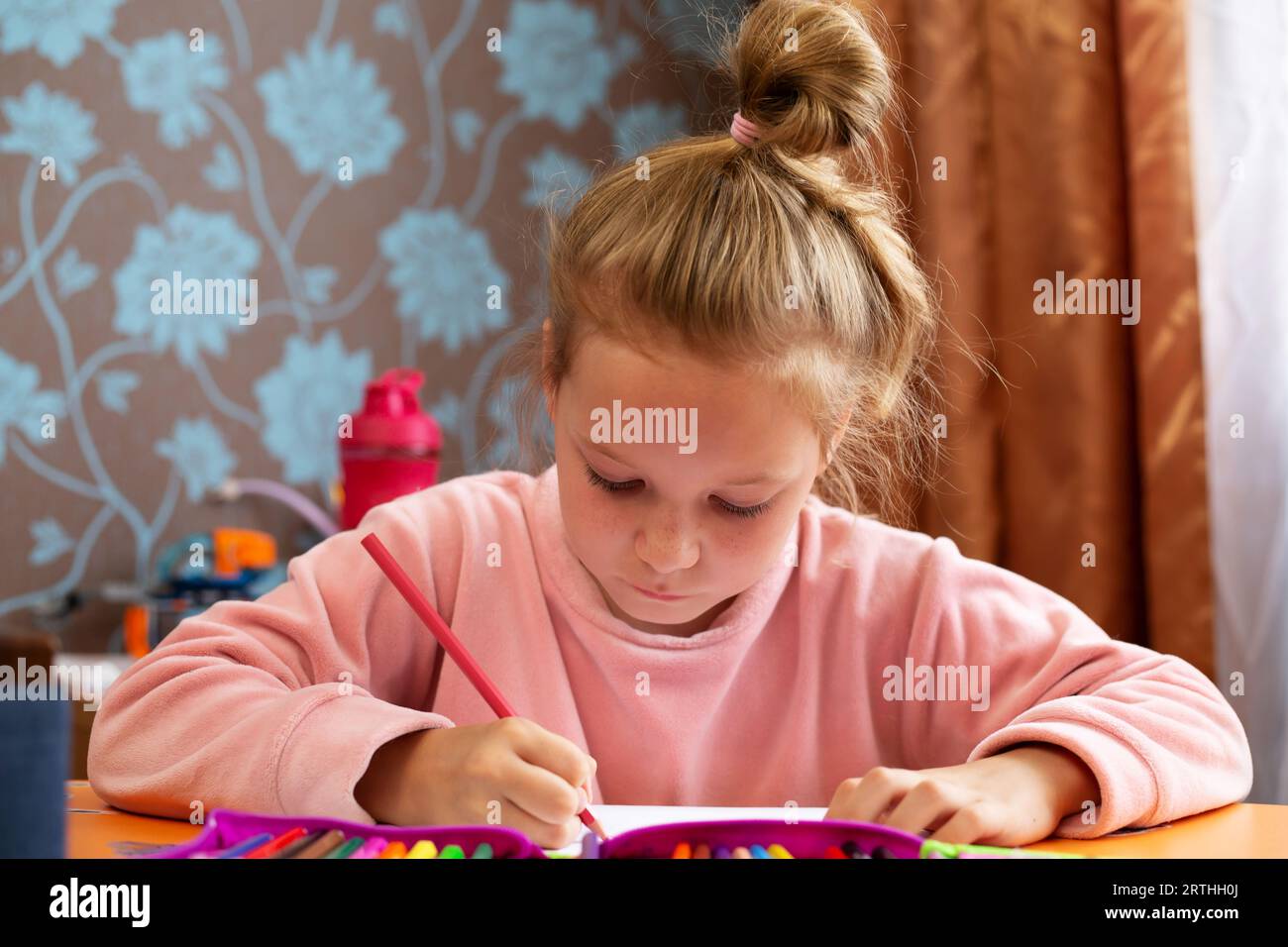 Cute little preschooler child drawing at home Stock Photo - Alamy