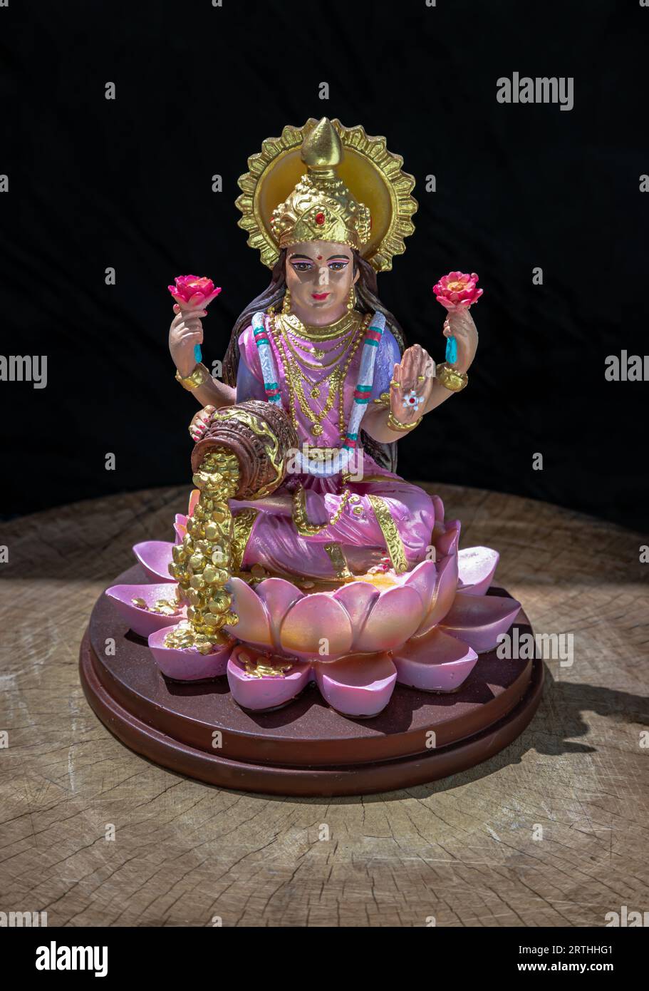 Hindu cosmos Maha laxshmi statue decorated with Flower Garland on black ...