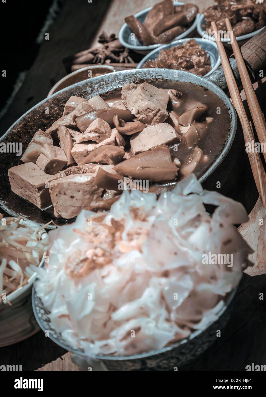 Chinese steamed flat wide rice noodles with Braised pork, Tofu, Crisp ...