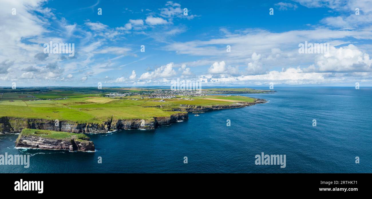 Aerial panorama of rugged cliffs on the North Sea coast, with the ...