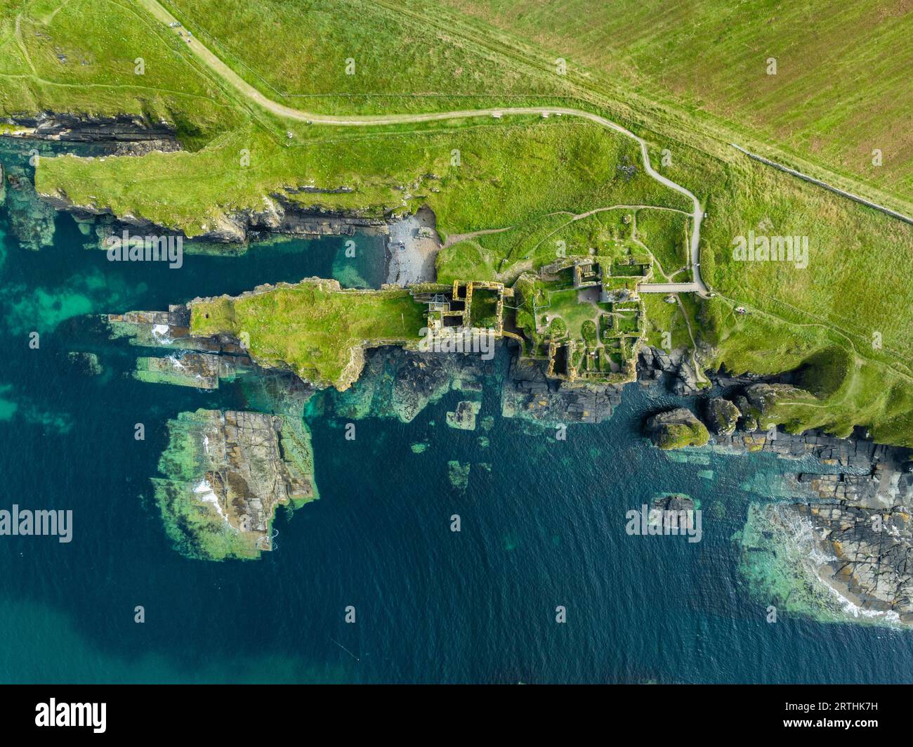 Aerial view of Girnigoe and Sinclair Castle ruins, rock castle on the ...
