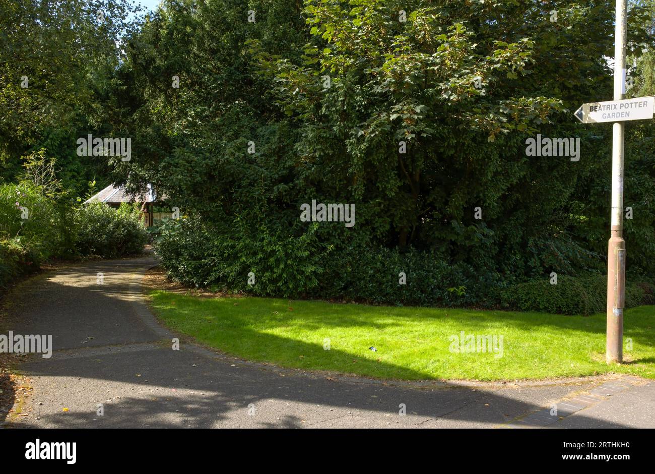 Sign and path leading to the Beatrix Potter Garden in Dunkeld, Scotland ...