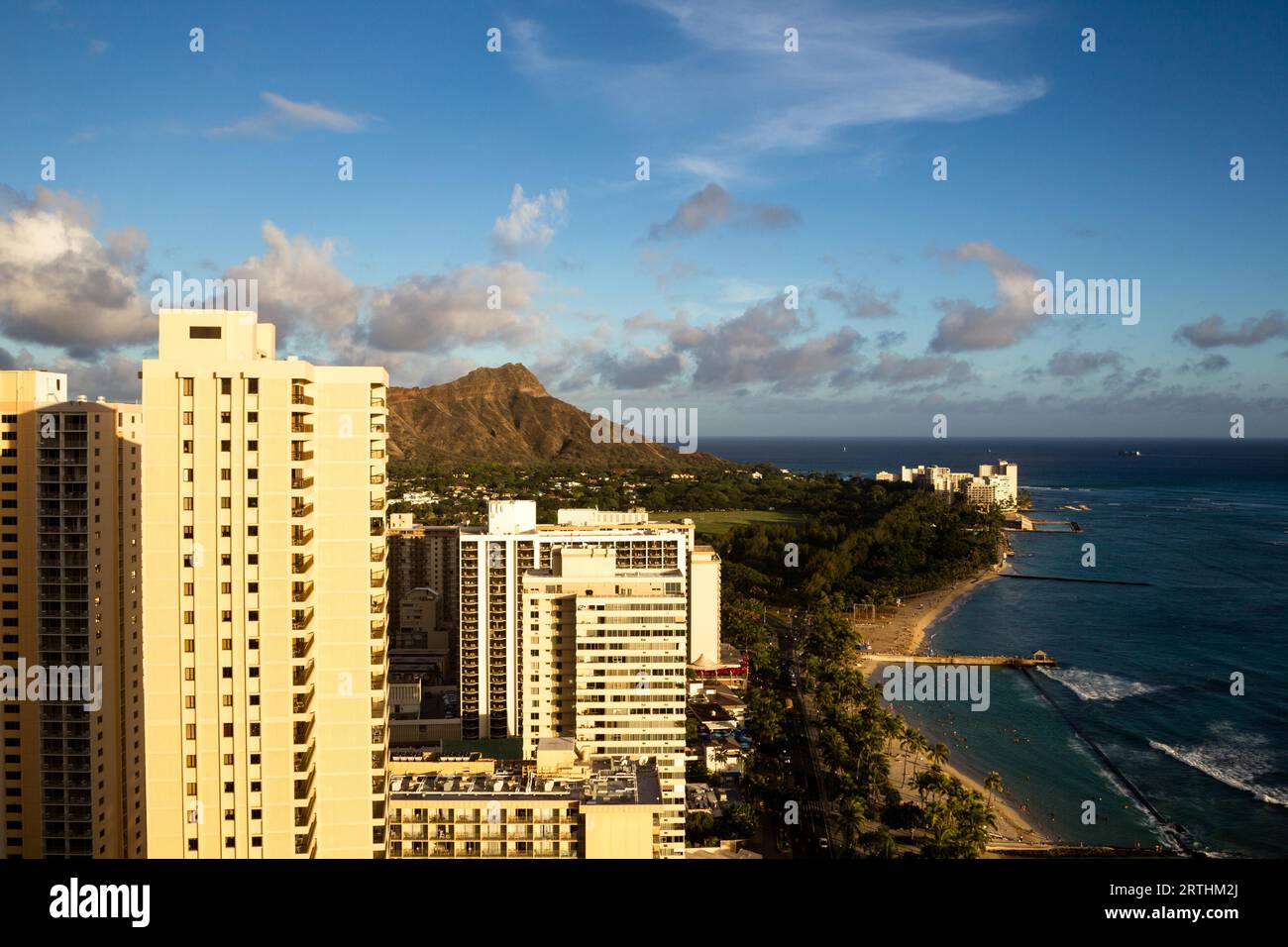 View over Waikiki Beach to Diamond Head in the evening light in ...