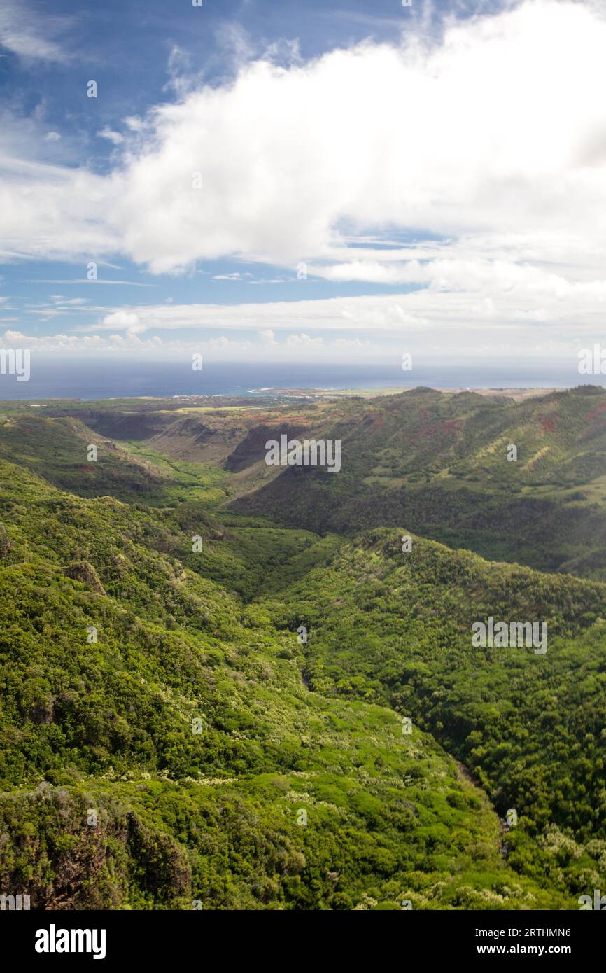 Aerial view over Kauai overlooking the south coast at Eleele, Kauai ...