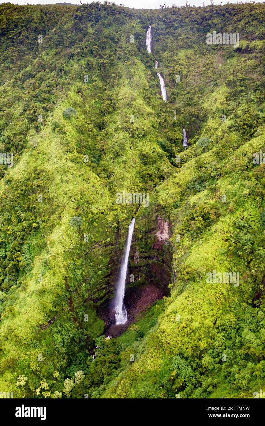 Aerial view of waterfalls in the interior of Kauai, Hawaii, USA. Aerial ...