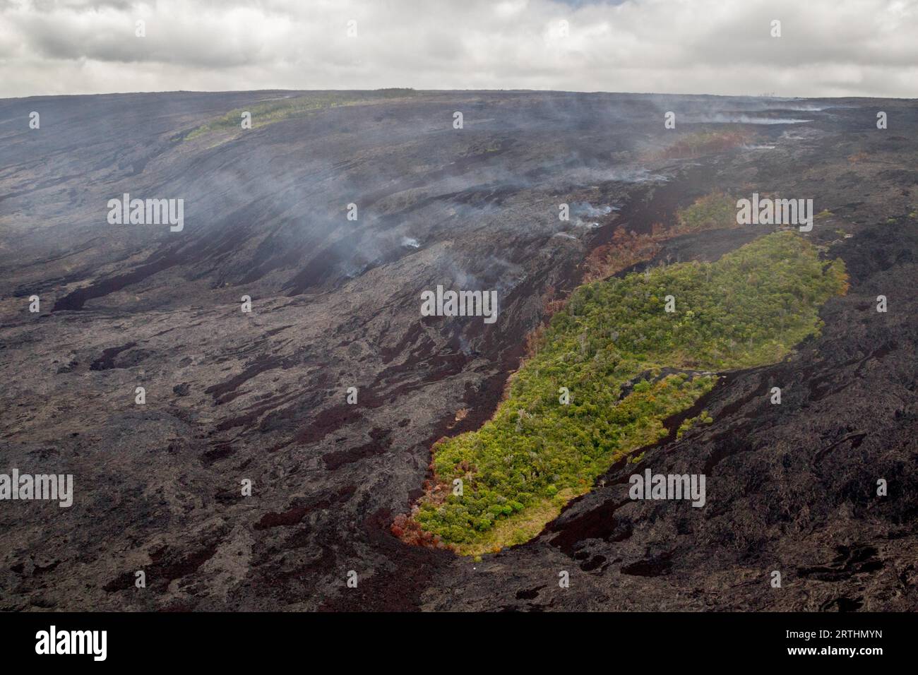 Aerial view of forest remnants between volcanic vapours on the ...