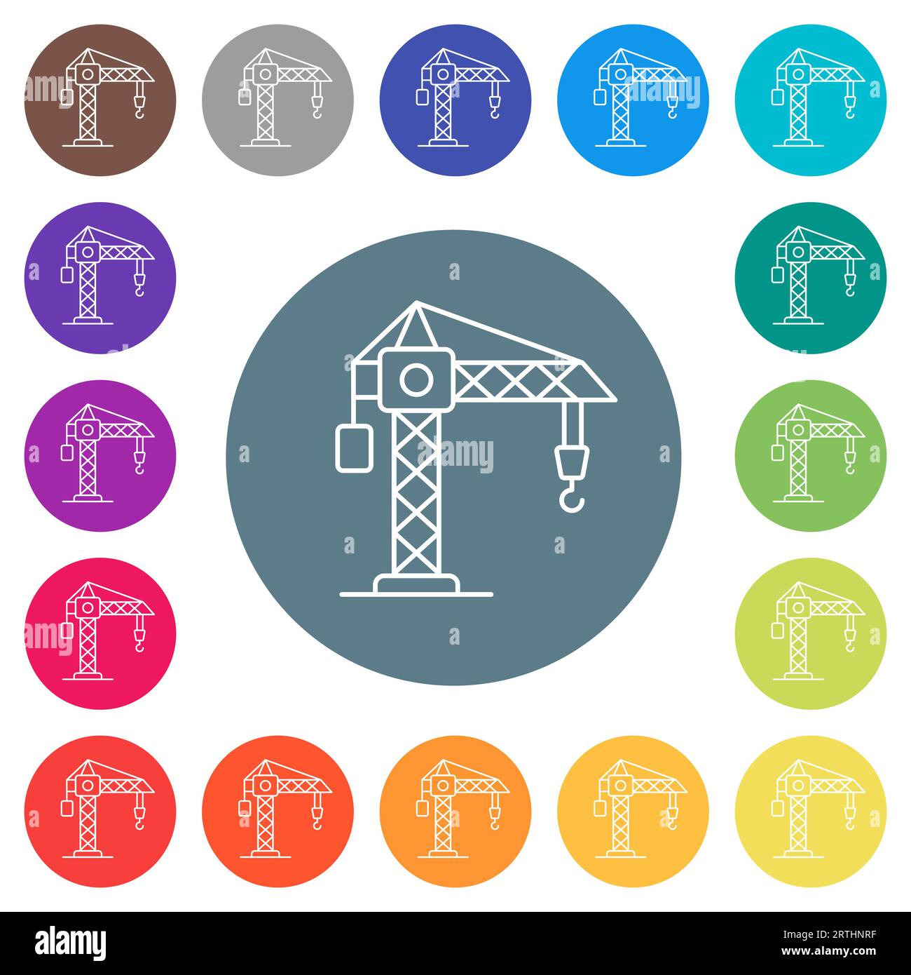 Construction crane flat white icons on round color backgrounds. 17 background color variations ...