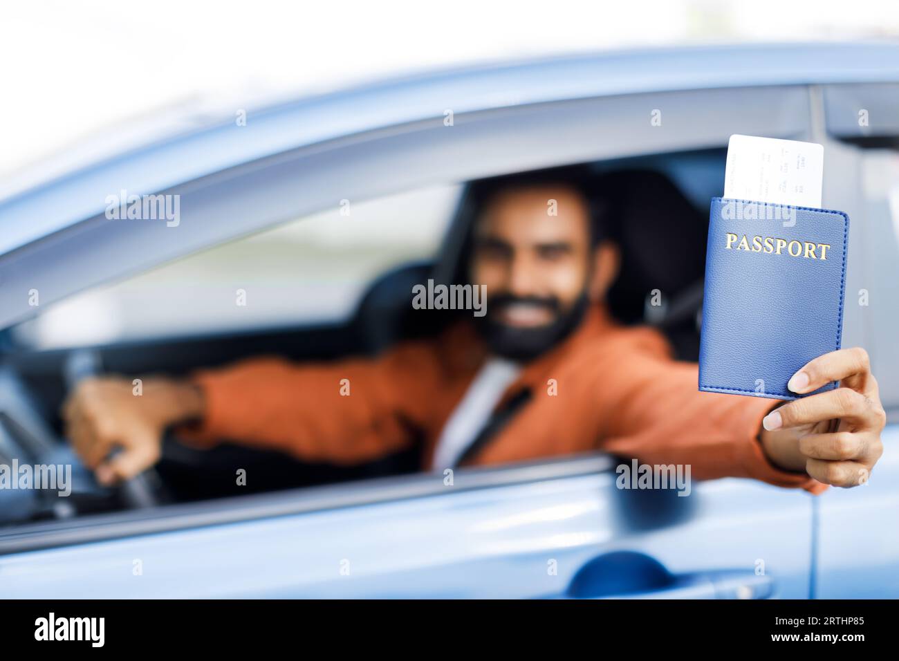 Middle Eastern Driver Guy Showing Passport From Window In Auto Stock ...