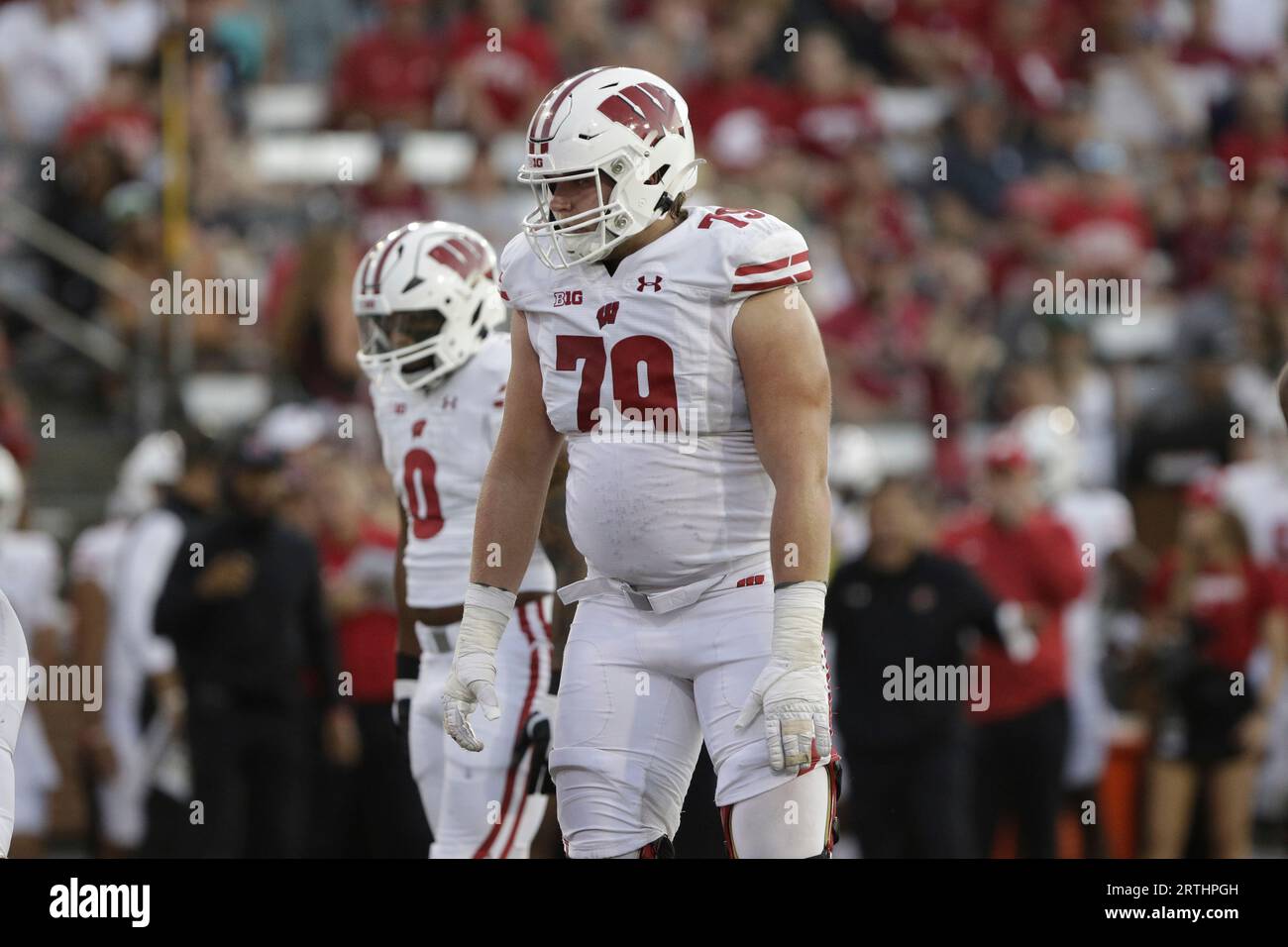 Wisconsin offensive lineman Jack Nelson (79) stands on the field during ...