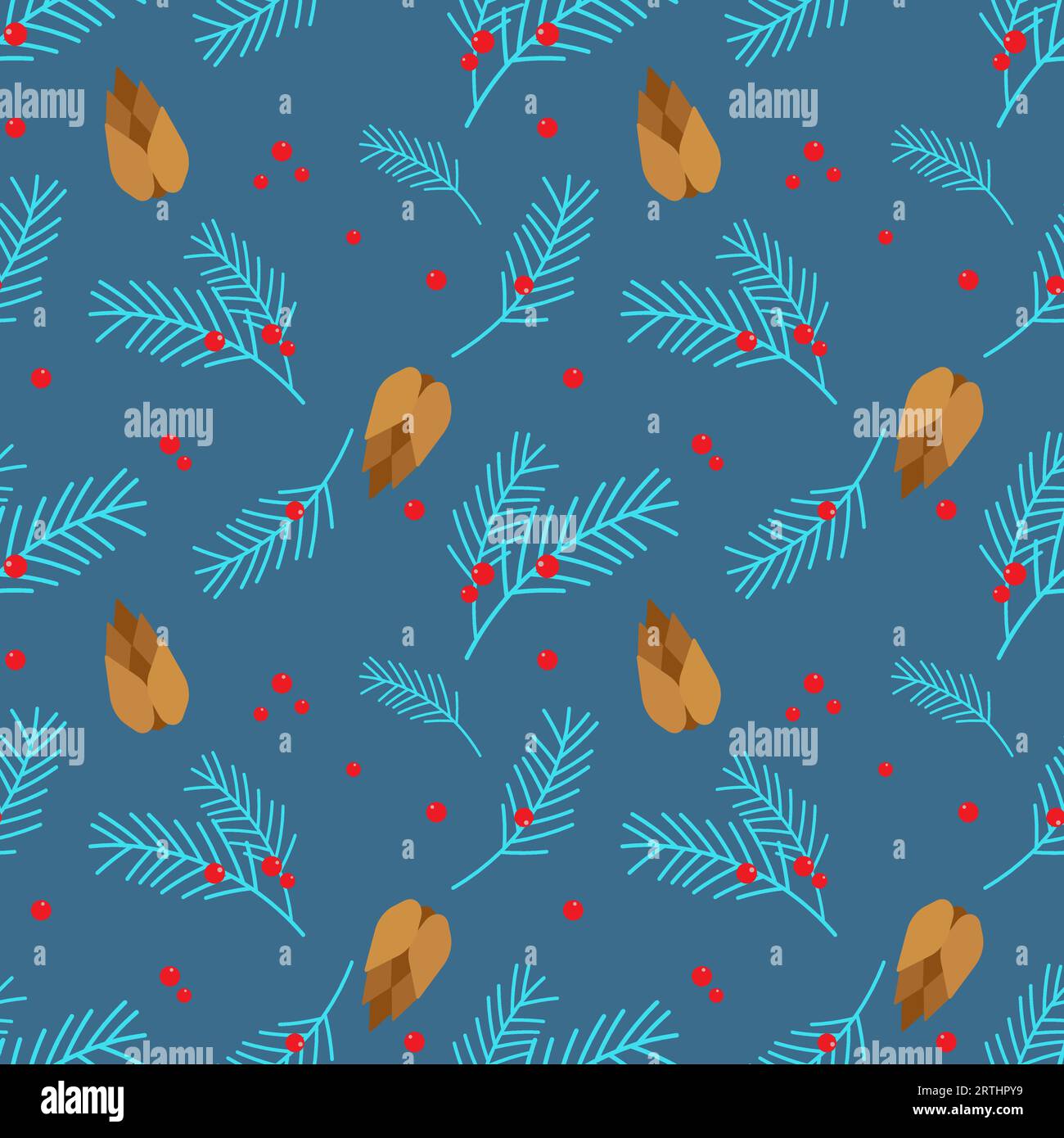 Christmas pattern with juniper branches and fir tree with berries and cones. Blue background ...