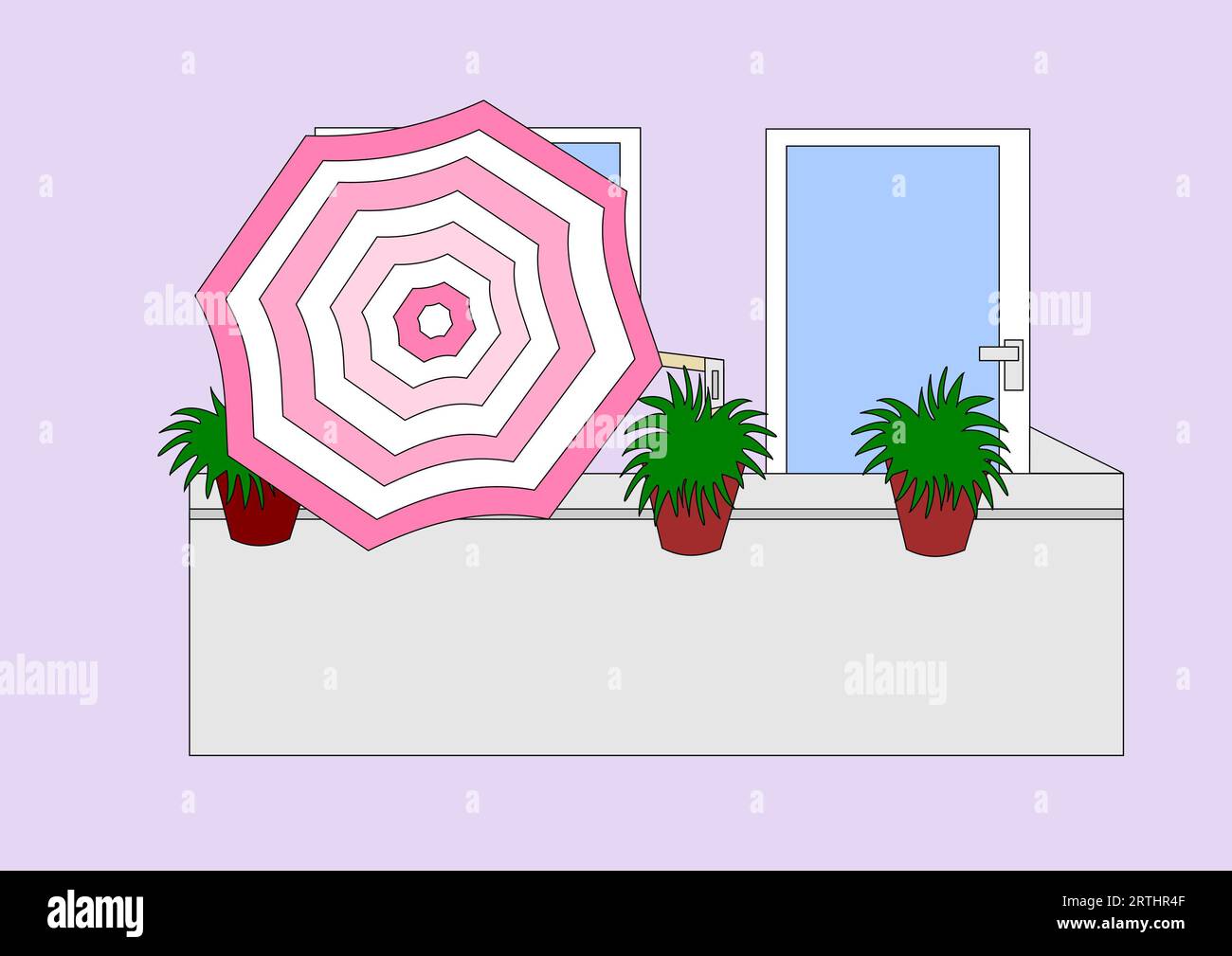 Pink and white striped parasol on a balcony, green plants, balcony door ...