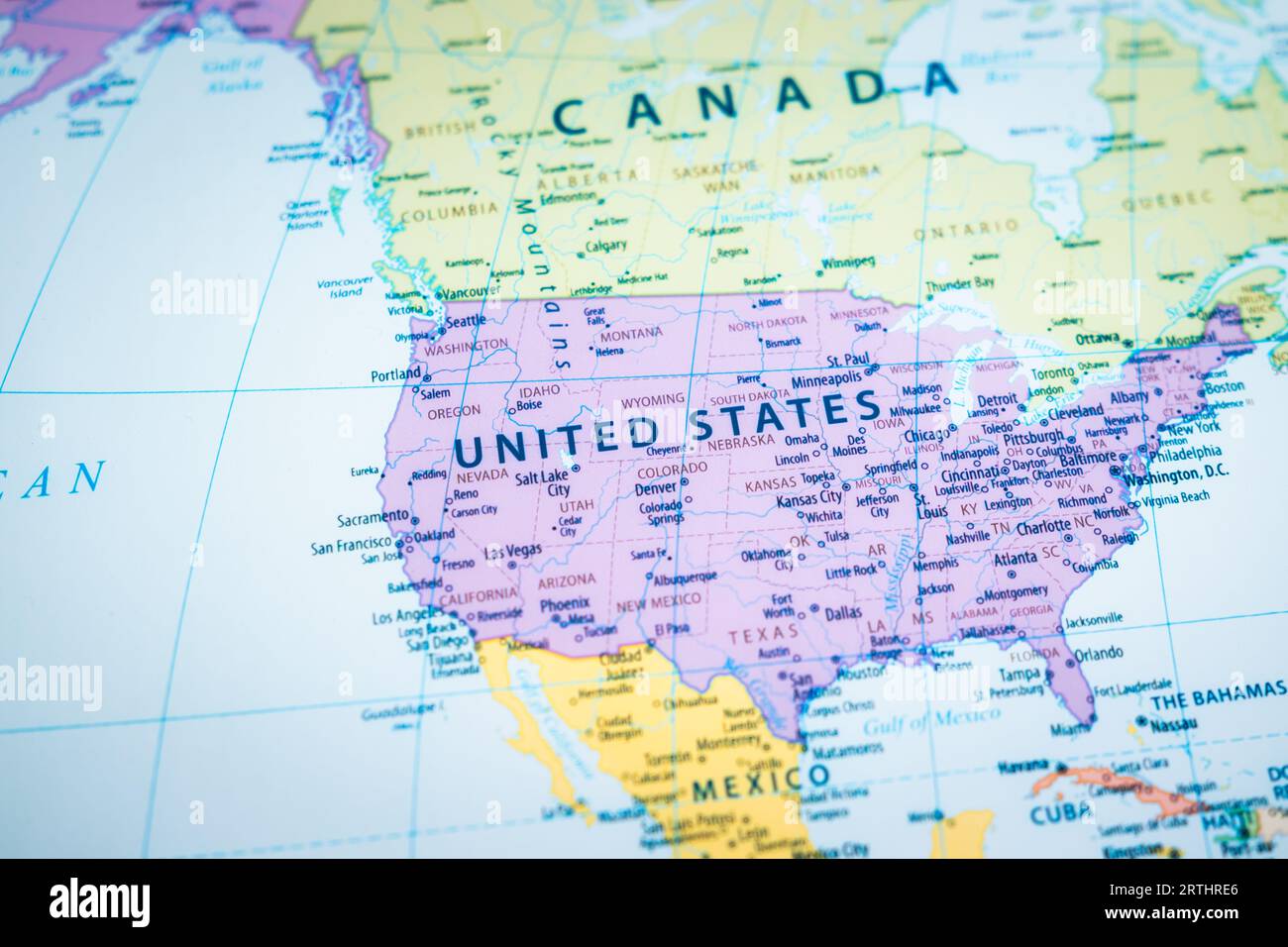 Close-up of the country word United States on a world map with the ...