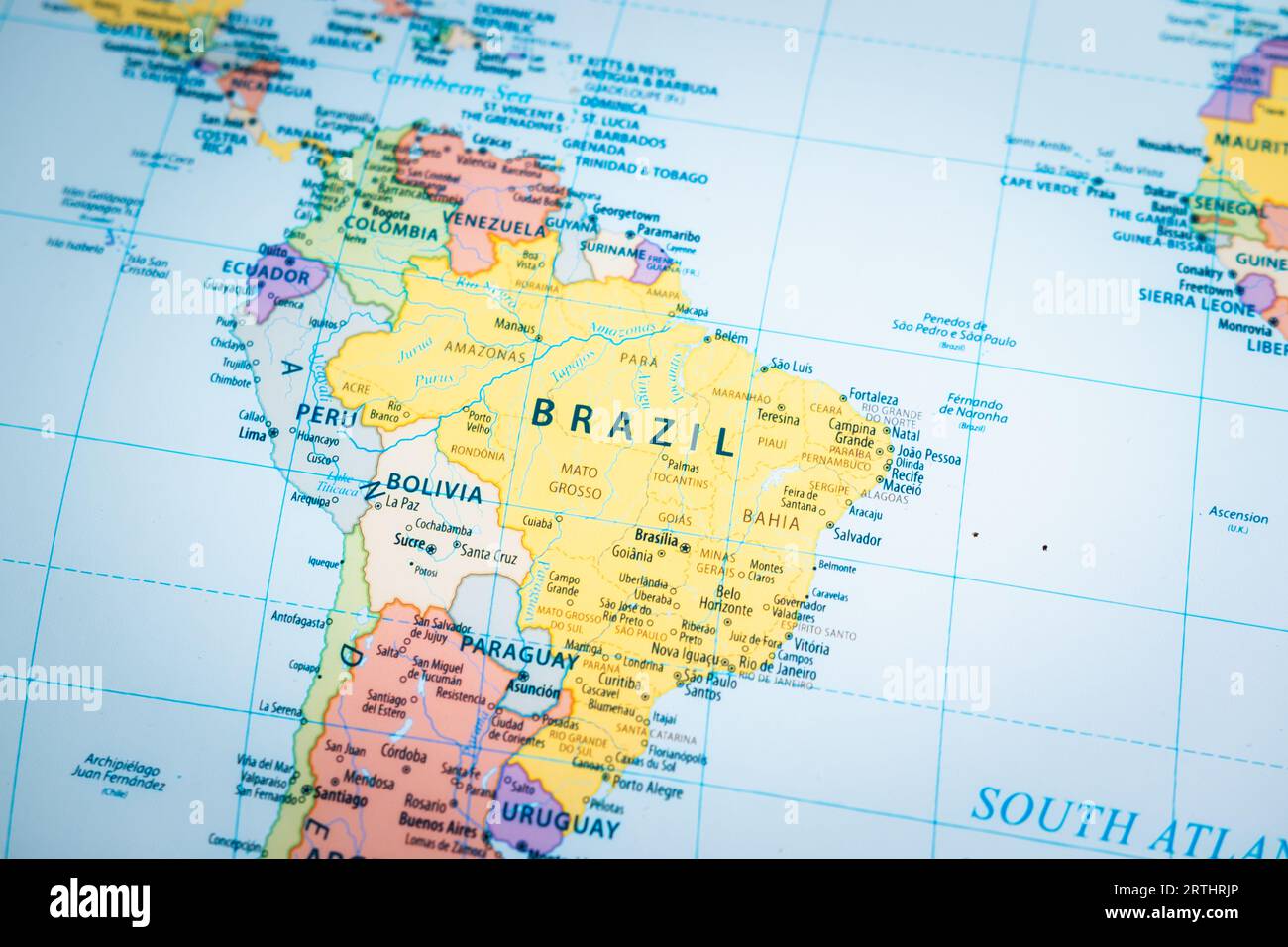 Close-up of the country word Brazil on a world map with the detailed ...