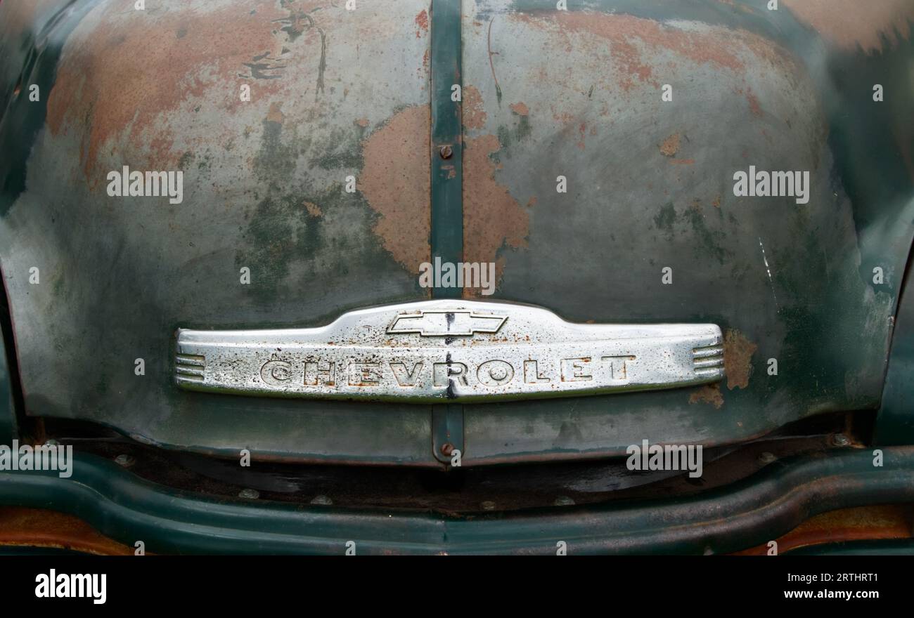 Chevrolet Badge On The Bonnet With Rust And Worn Paint Of A 1950s ...