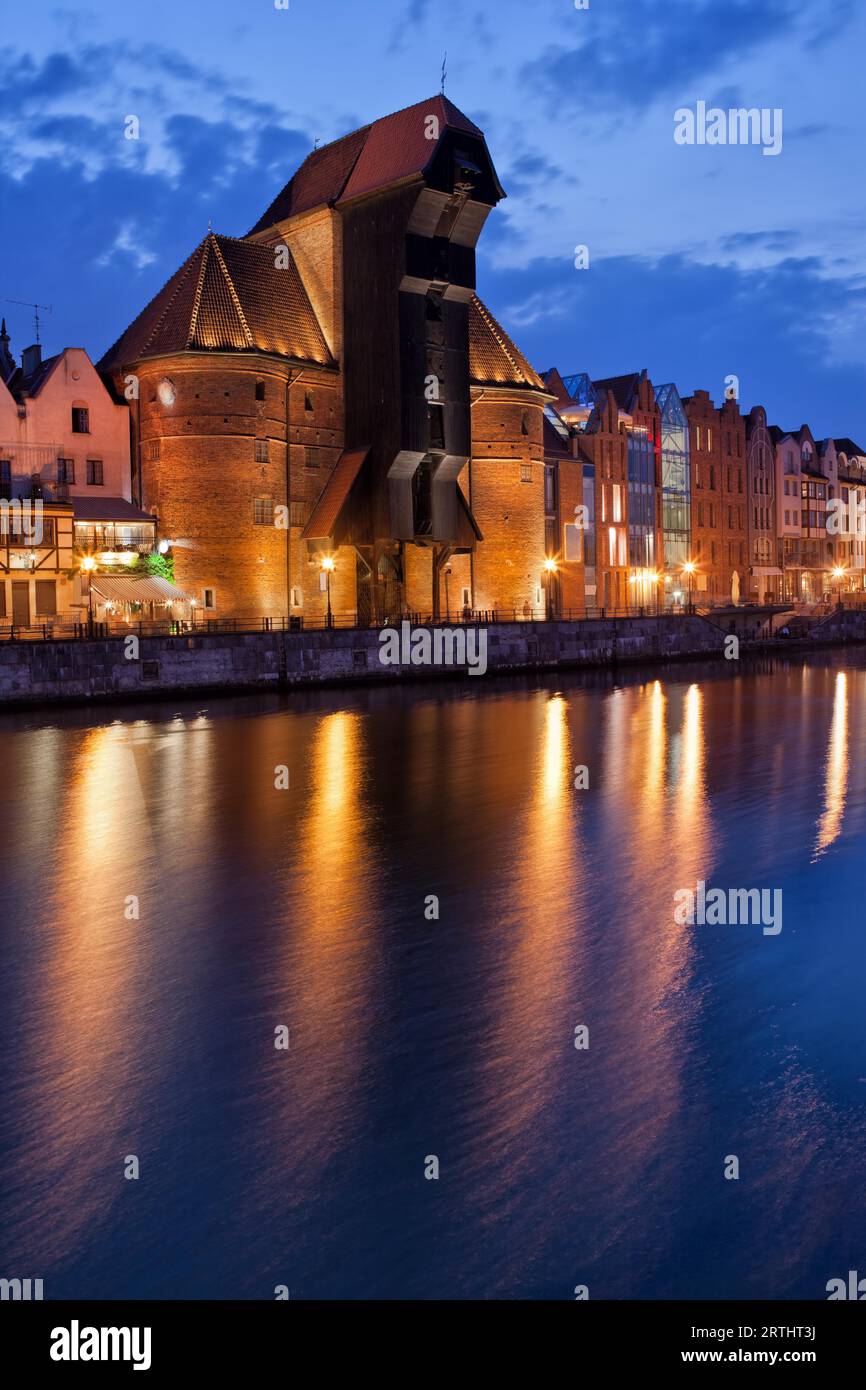 The Crane in Gdansk, Poland by night at Motlawa River, Old Town city ...