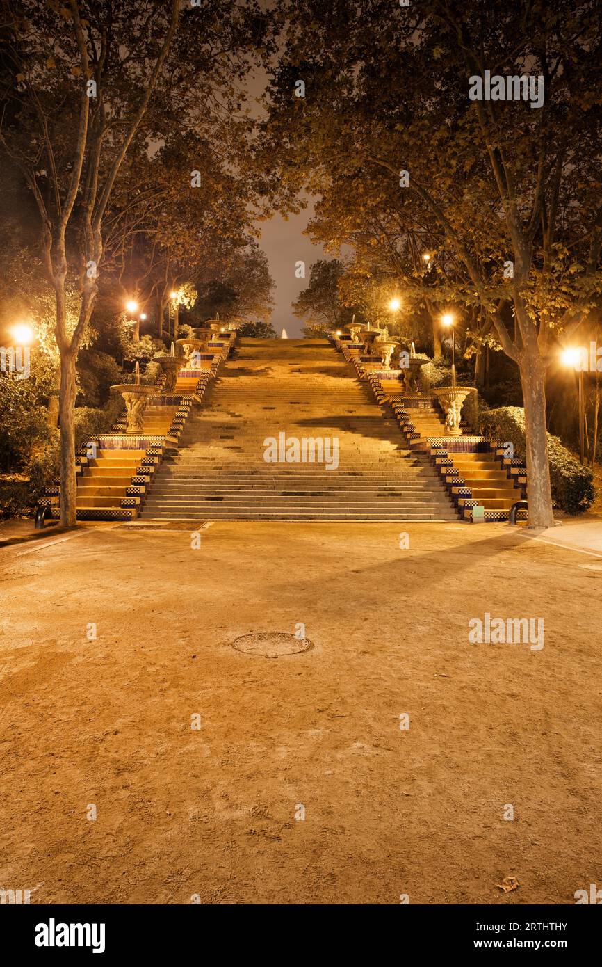 Stairway to Montjuic Hill at night in Barcelona, Spain, Passeig de Jean ...