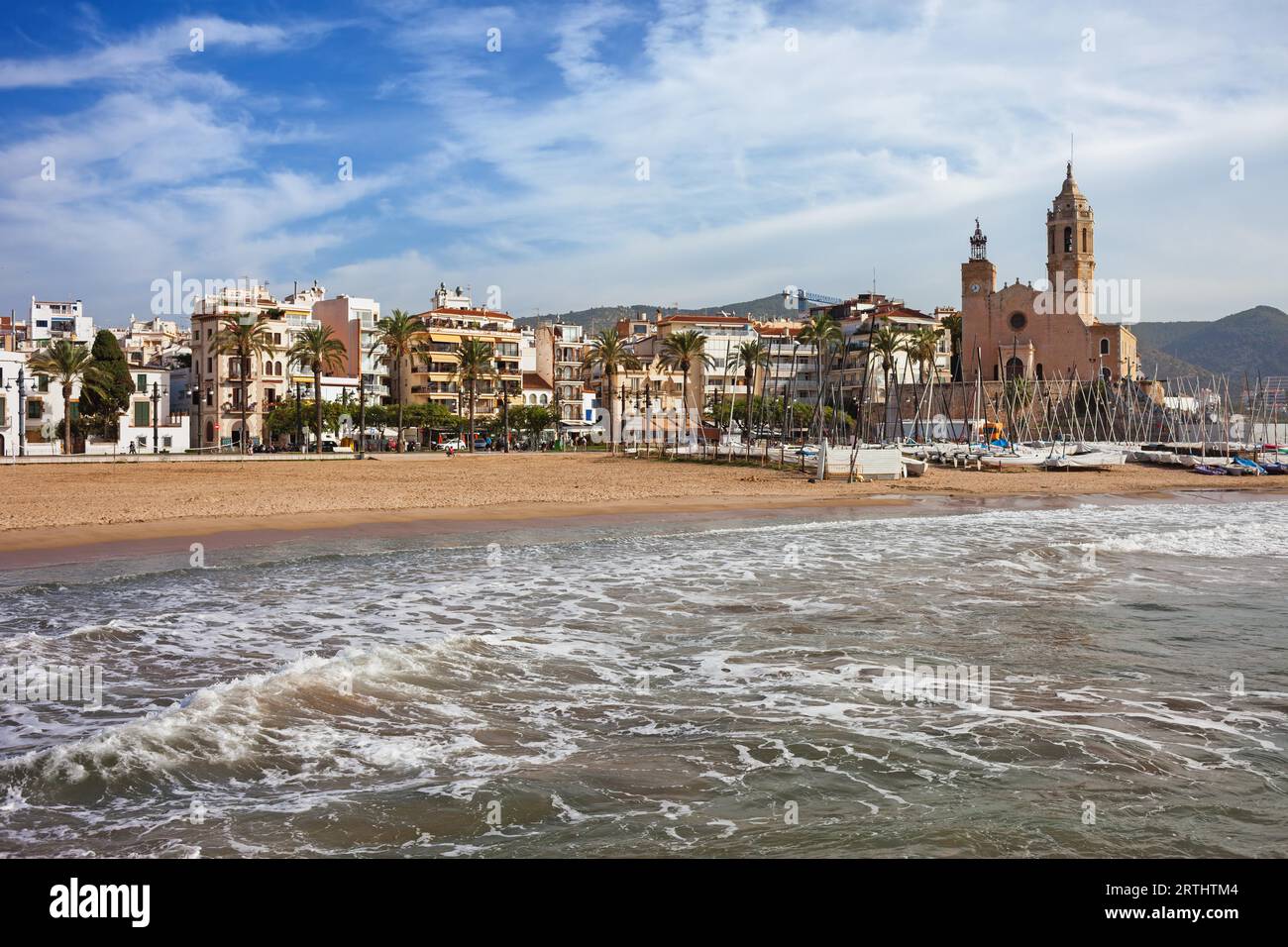 Spain, Catalonia, Sitges, town at Mediterranean Sea, Church of St ...