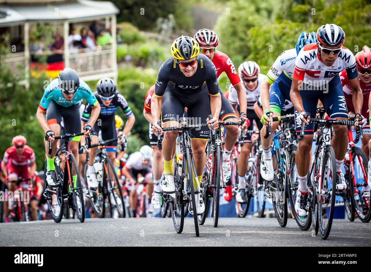 GEELONG, AUSTRALIA, JANUARY 31: Riders attack the Montpellier Climb ...