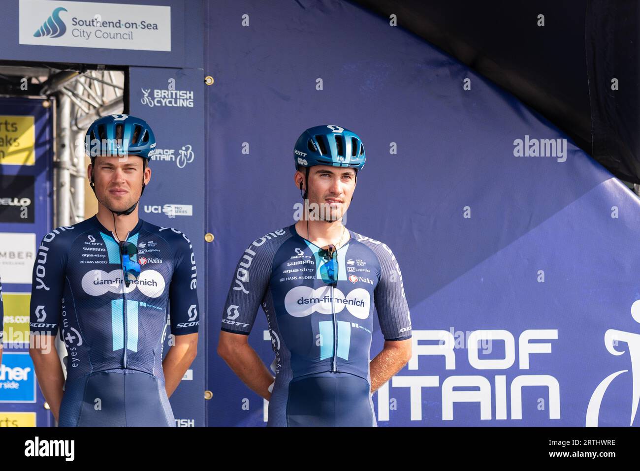 Riders of team DSM Firmenich at the Tour of Britain cycle race Stage 6 start in Southend on Sea ...
