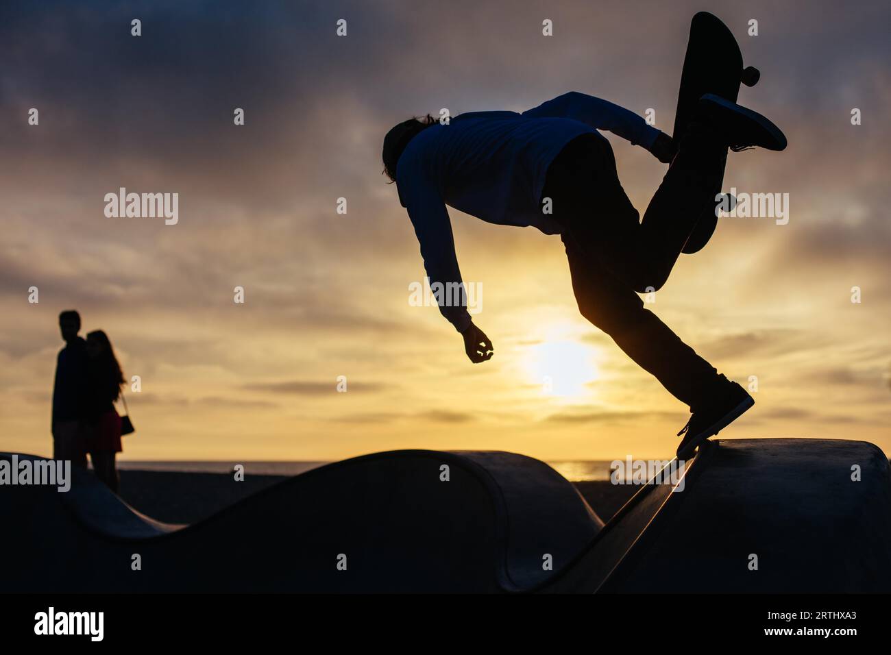 A skateboarder in action at Venice Beach Skate Park in Los Angeles ...