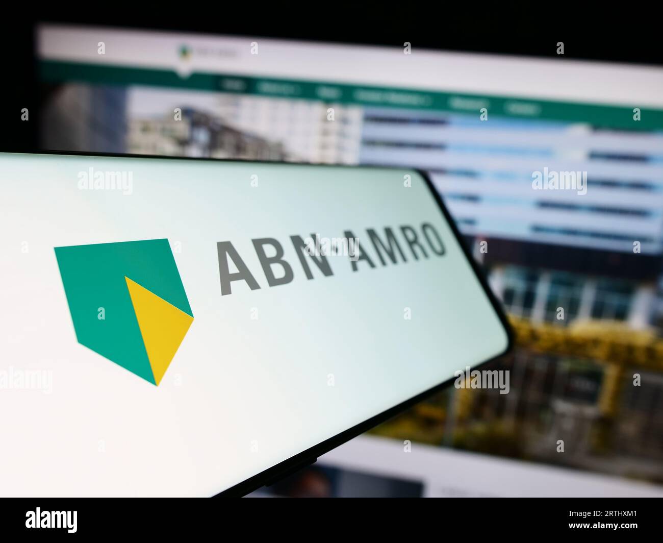 Cellphone with logo of Dutch financial company ABN AMRO Bank N.V. on ...