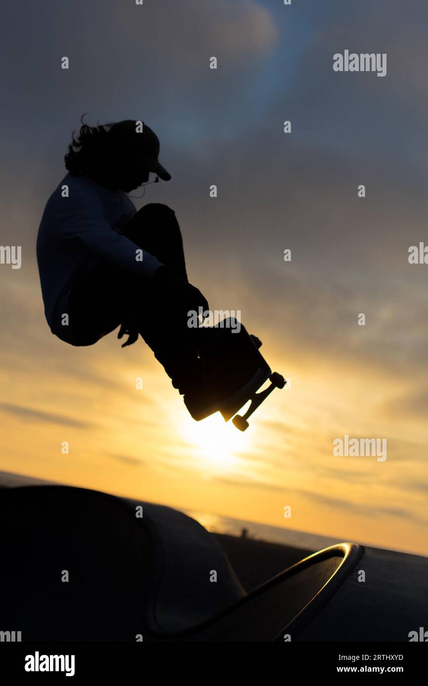A skateboarder in action at Venice Beach Skate Park in Los Angeles ...