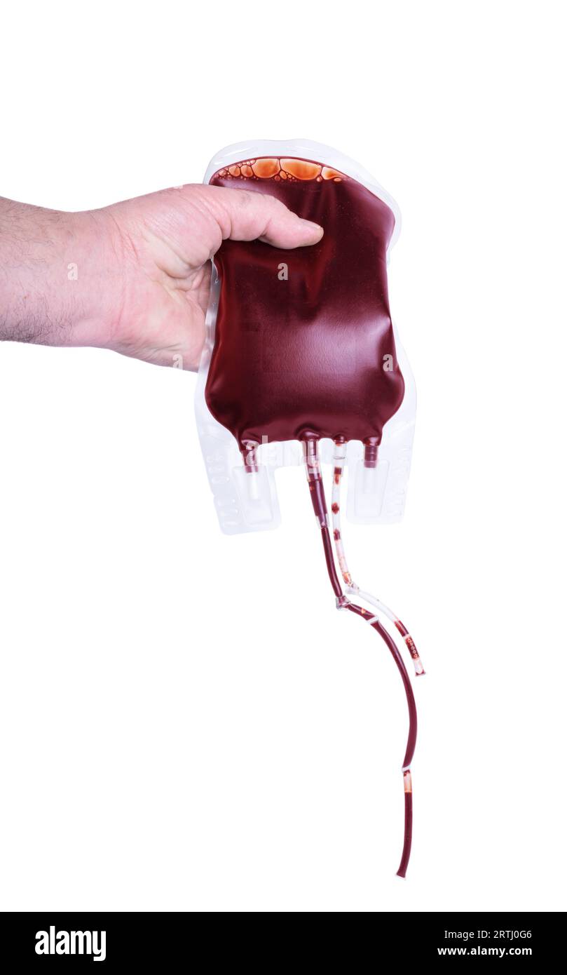 blood bag in hand isolated on white background Stock Photo - Alamy