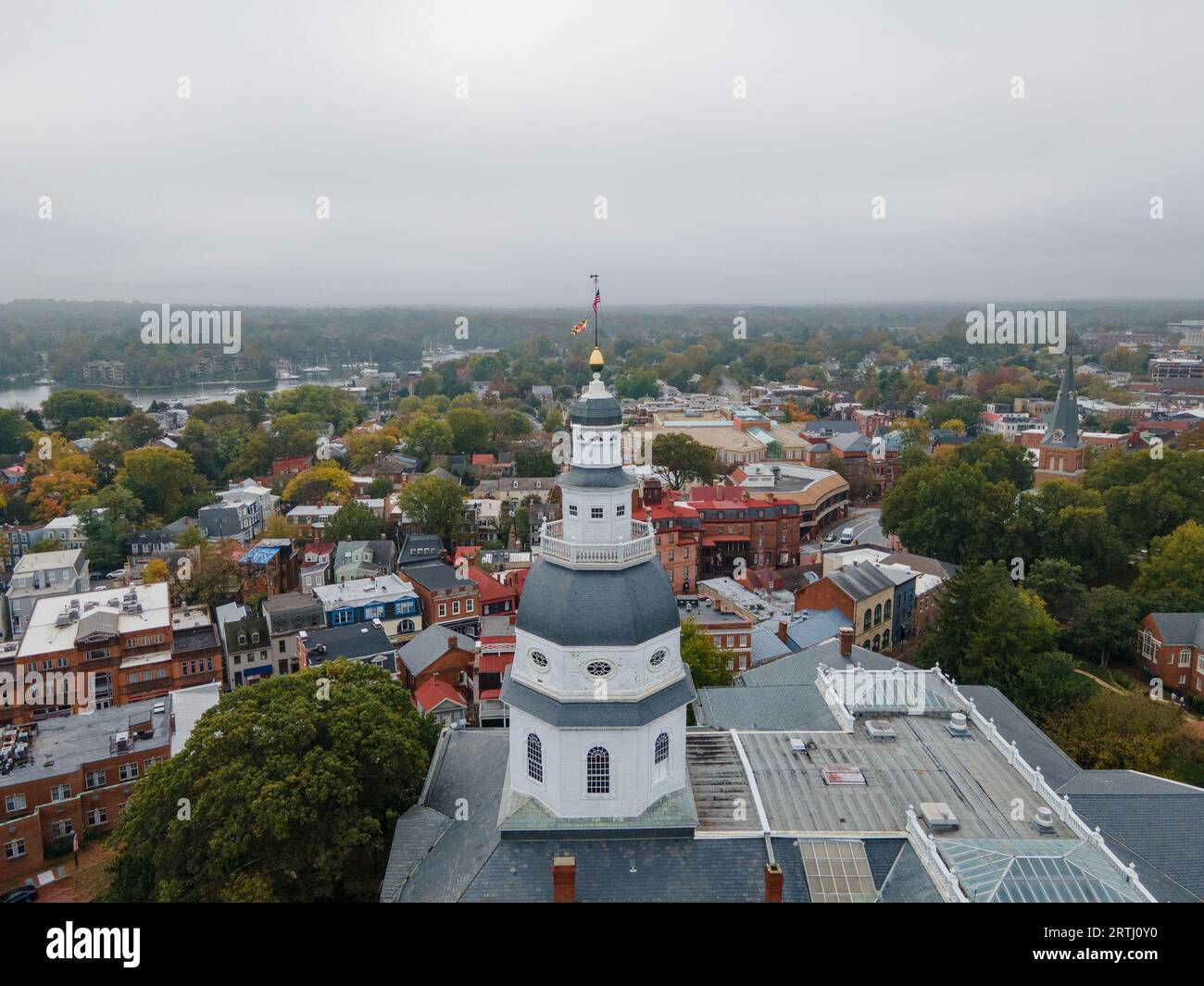 Aerial view of the Georgian style Maryland State House with flags on ...