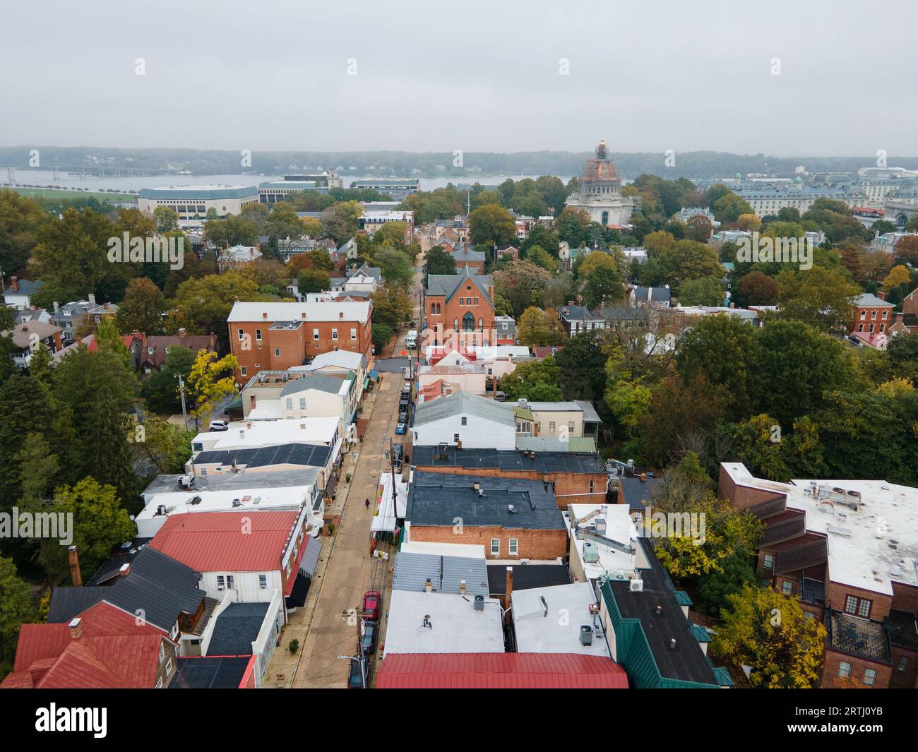 Aerial view of fall foliage and Maryland Avenue with the Naval Academy Chapel in the background ...