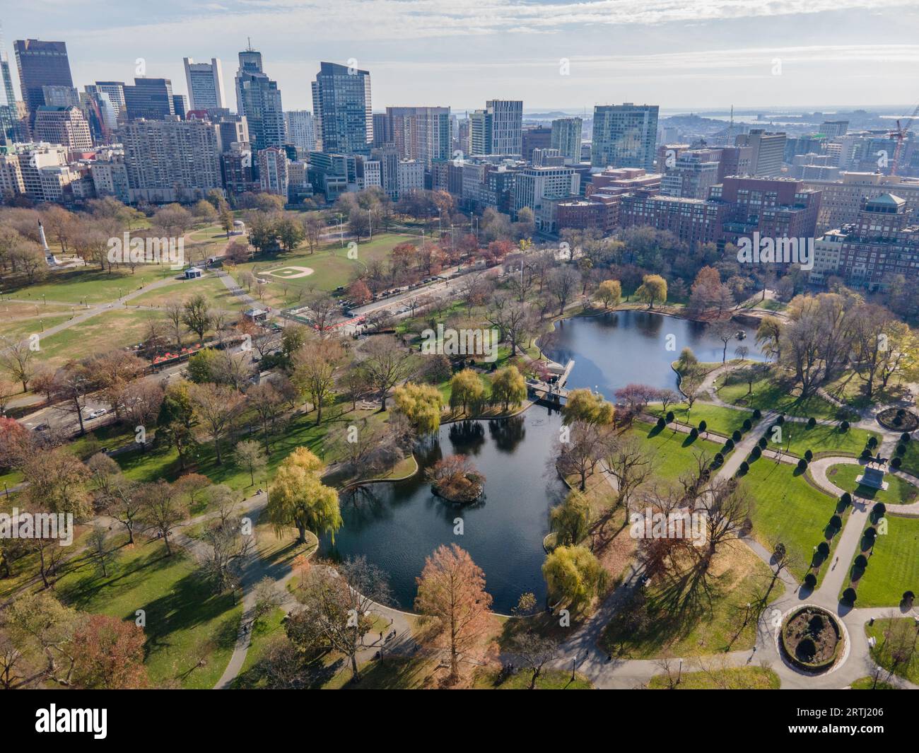 Aerial view of ponds in the Boston Public Garden and Boston Common ...