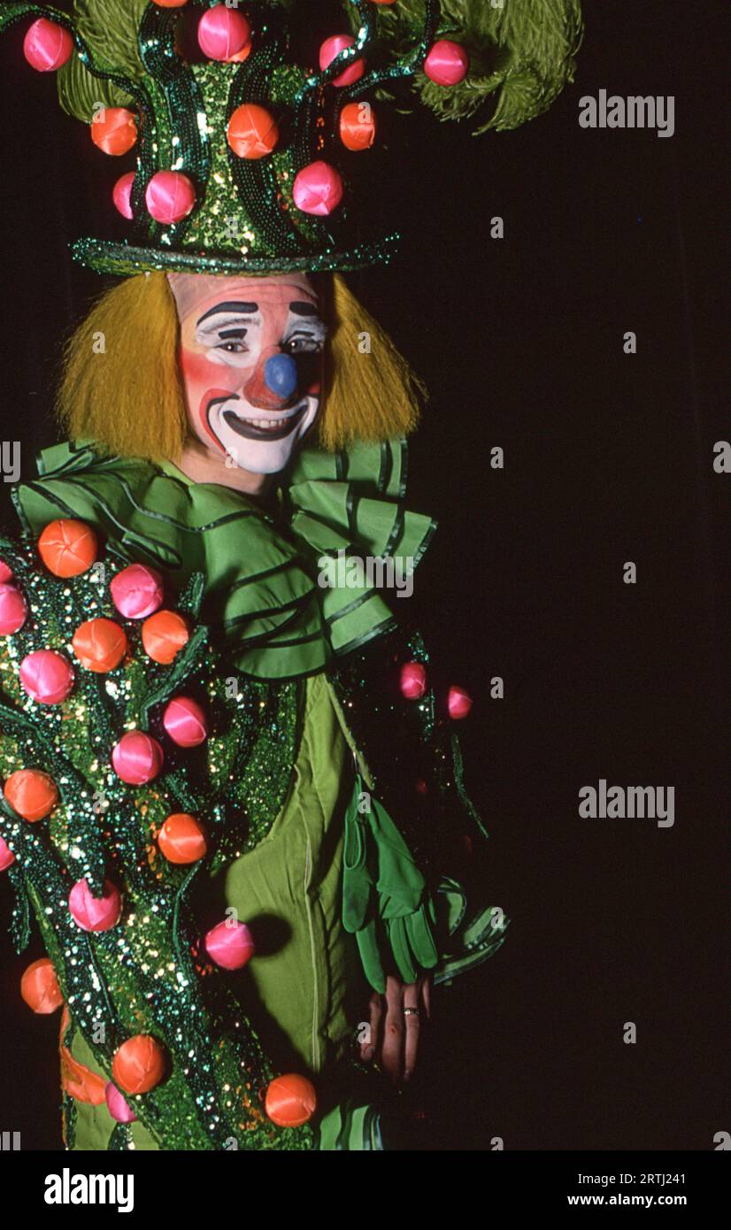 A 1979 photo of a Ringling Brothers clown in full makeup. At clown ...