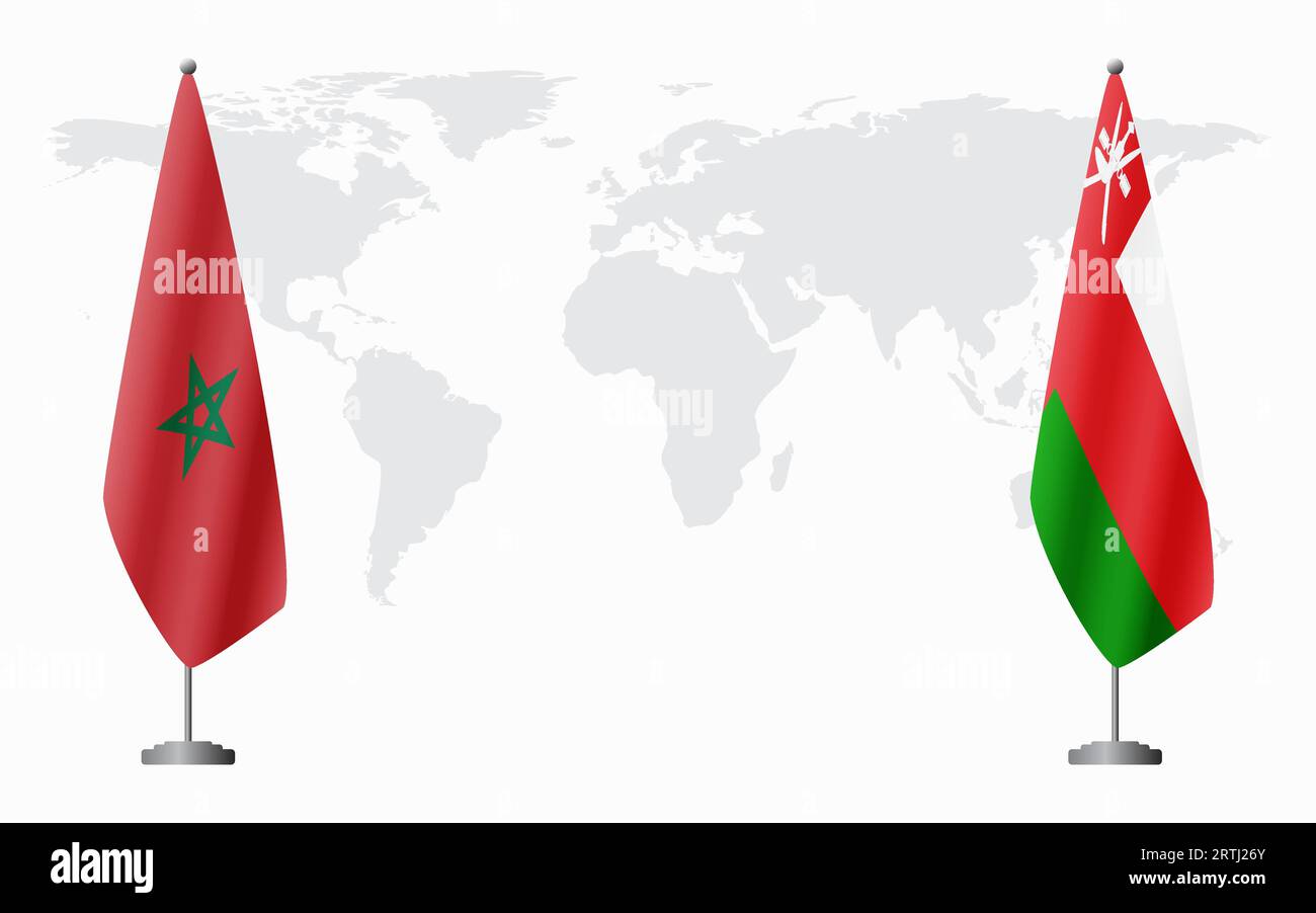 Morocco and Oman flags for official meeting against background of world ...