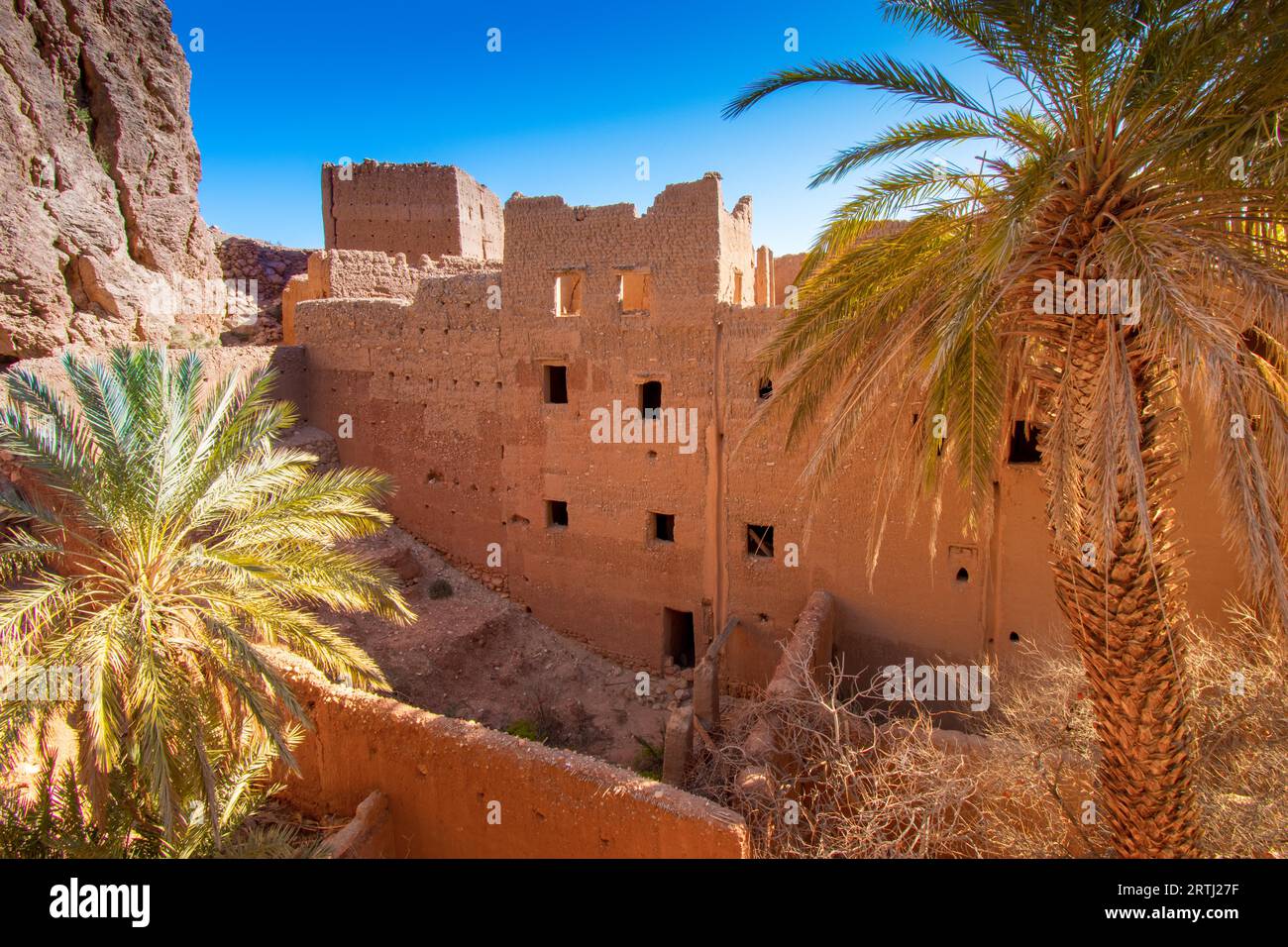 Tall mud brick houses are surrounded by palm trees in Tinghir, Morocco ...