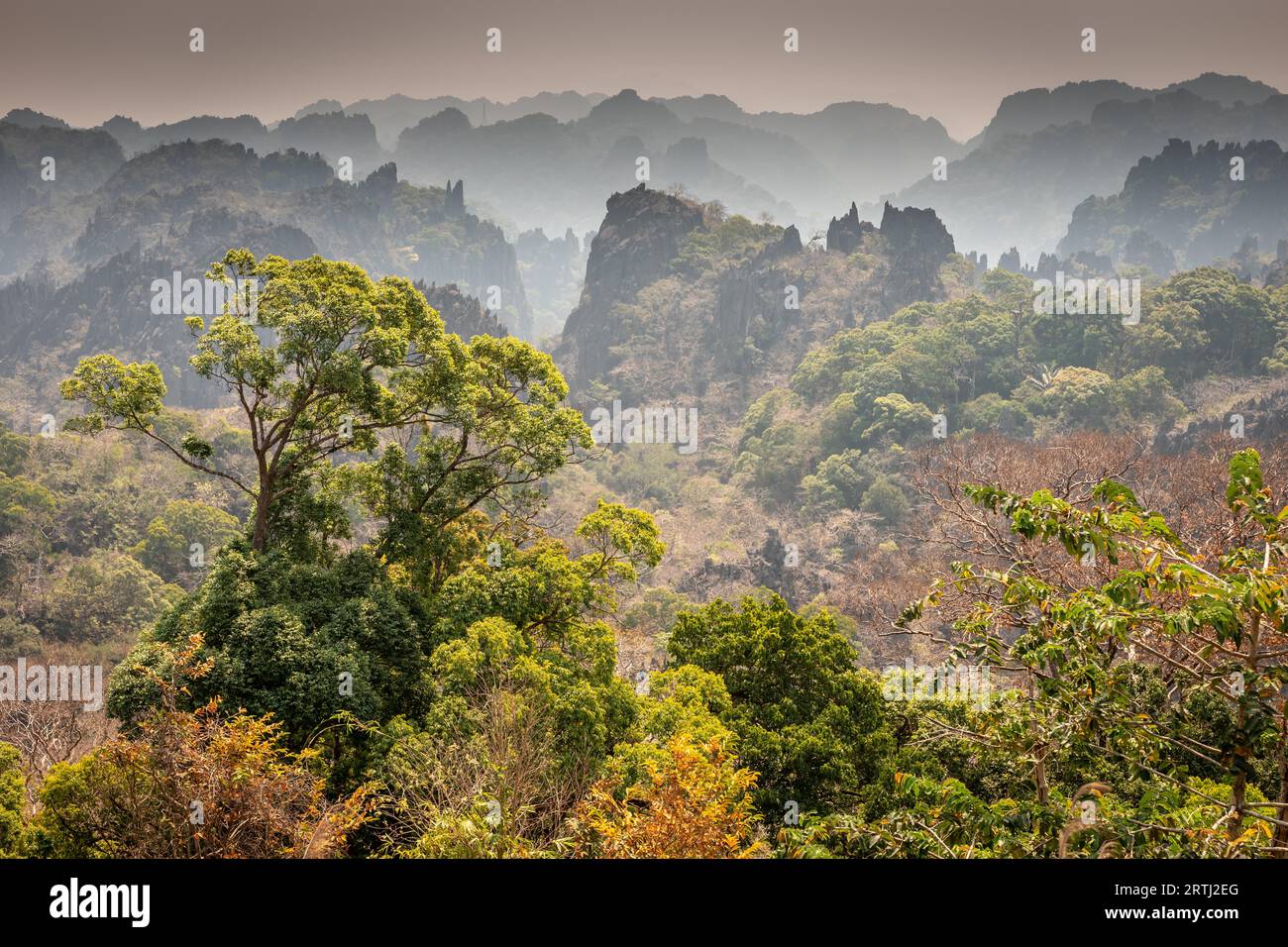 Limestone Peaks Lookout and misty mountain views, Konglor Loop, Thakhek ...